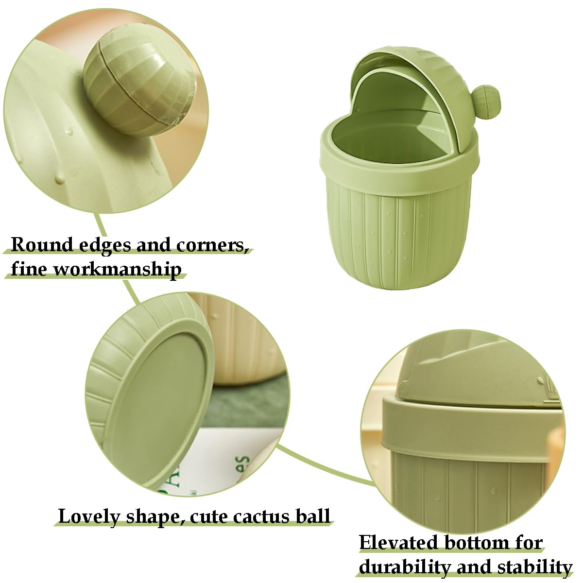 Ujk-TyLun Cute Desktop Trash Can Wastebasket and 120 Trash Bags, Mini Cactus Garbage Can with Flip Lid, Tiny Plastic Storage Bin for Countertop Table, Office, Kids Bedroom, 15 * 15 * 21cm (Green)
