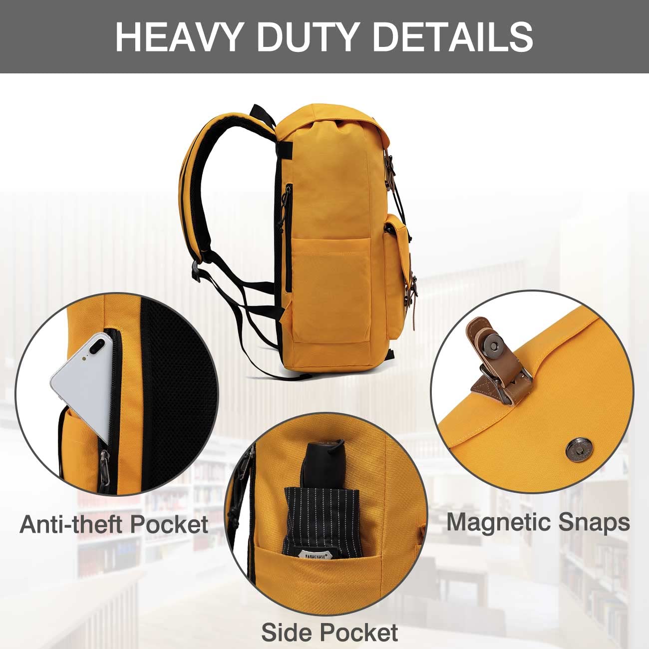 VASCHY Backpack for Men, Casual Water-resistant Hiking Camping Daypack Rucksack Travel School Backpack Drawstring Bookbag for College Fits 15.6inch Laptop (Yellow)