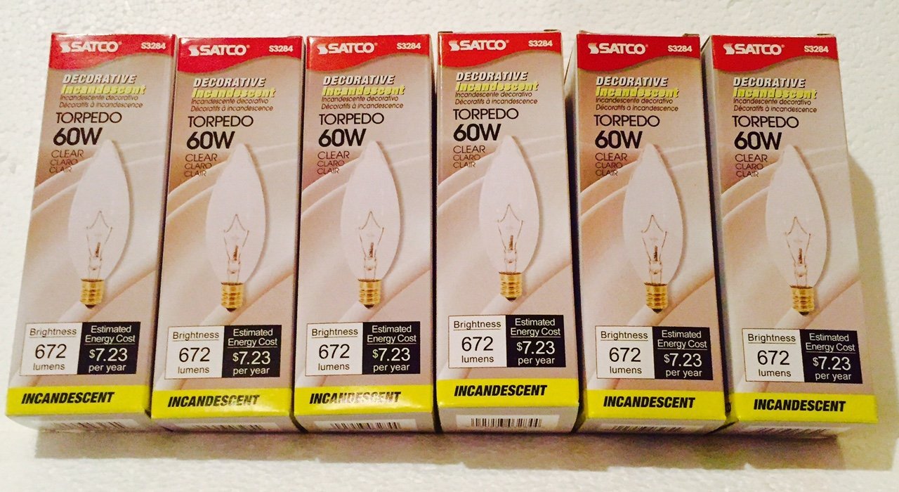 Satco S3284 Decorative Torpedo 120 volt, 60 watt B10, light bulbs, Clear 6 pack Bundle