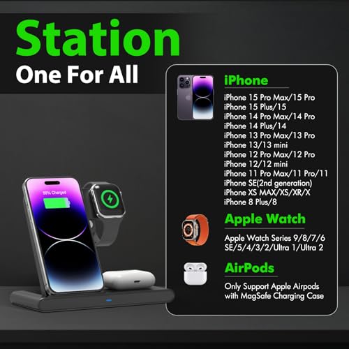 Wireless Charger iPhone Charging Station: 3 in 1 Charger Stand Multiple Devices for Apple - iPhone 15 14 Pro Max 13 12 11 - Watch 9 8 7 6 5 4 3 2 Se - Airpods 3 2 Pro