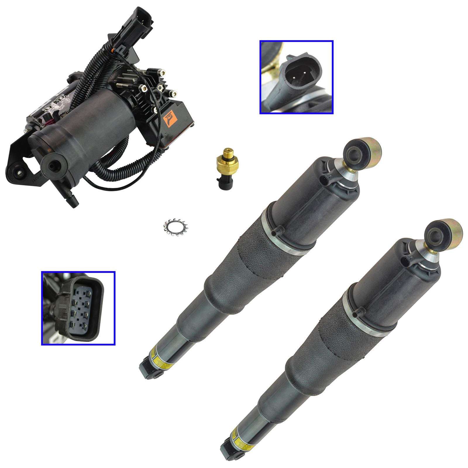 TRQ Air Ride Suspension Compressor with Dryer & Rear Shock Absorber 3 Piece Kit Set for 2007-2014 Cadillac Escalade / 2007-2014 Chevy Suburban/Tahoe/Avalanche/GMC Yukon New