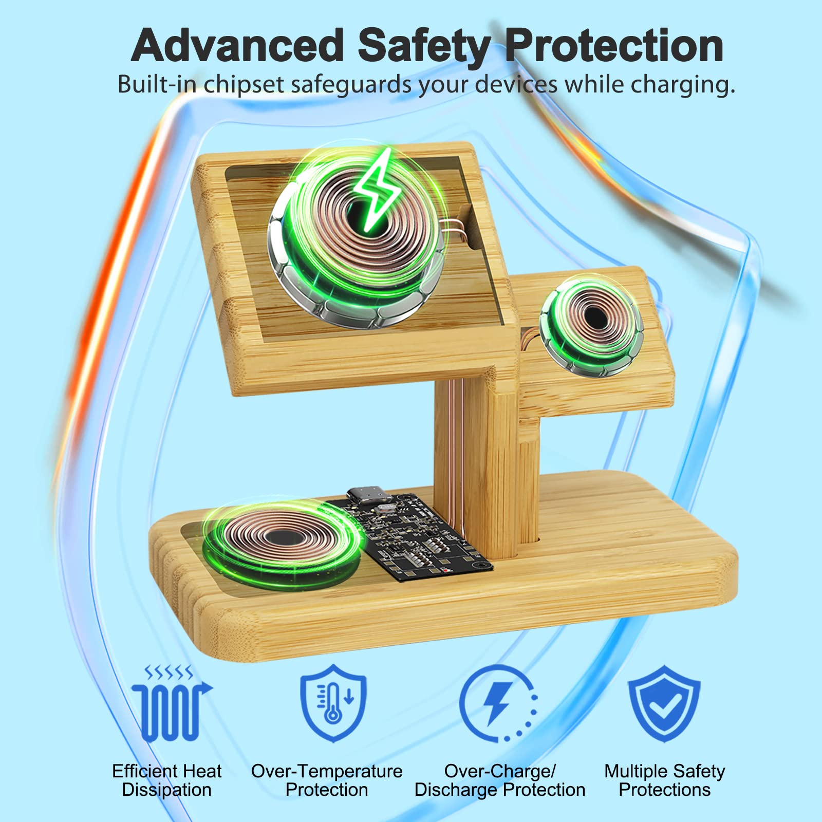 Wireless Charging Station for Apple, 20W Fast 3 in 1 Wireless Charger Stand, Bamboo Charging Station for iPhone 15/14/13/12 Pro/Max/Plus, for Apple Watch 8/7/6/SE/5/4/3/2, for Airpods 3/2/Pro