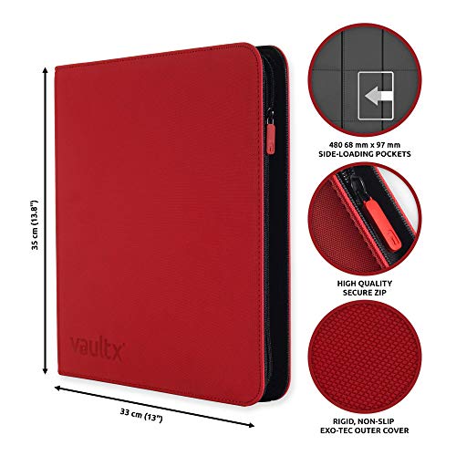 Vault X Premium Exo-Tec Zip Binder 12 Pocket, 20 Double-Sided Pages for 480 Side-Loading Slots for Board, Collectible or Trading Card Game Protective Folder Album (Red)
