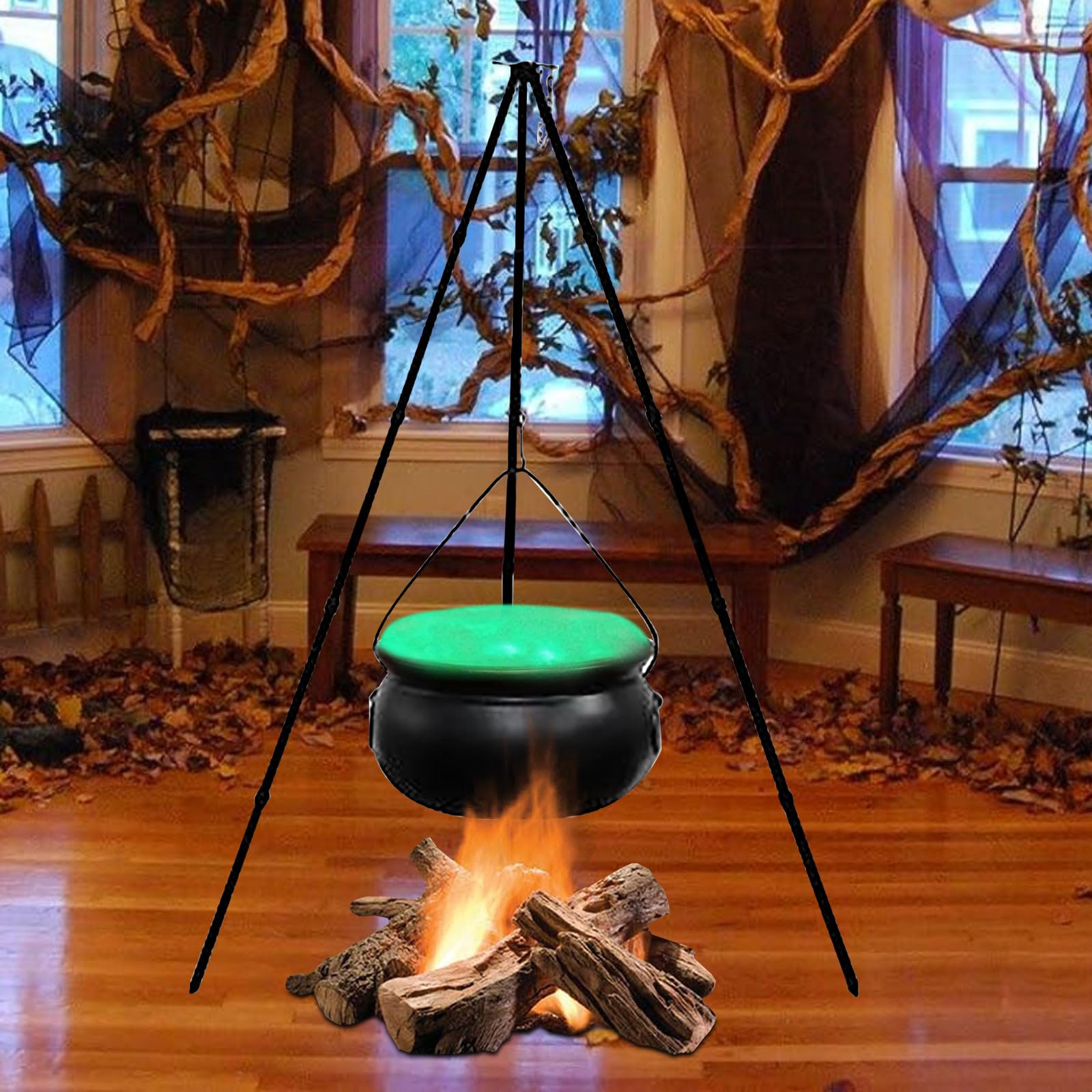 Witches Cauldron, Large Halloween Cauldron Decor On Tripod with Timer Green Lights, Plastic Giant Witch Cauldron Halloween Decorations for Outdoor Porch Yard Lawn Outside (L, Black)