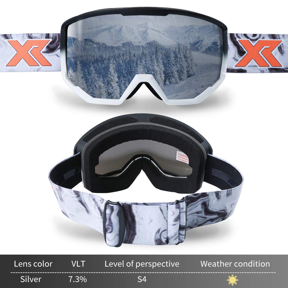 XR Ski Snowboard Goggles Anti Fog UV Protection Snow Goggles for Men Women Youth (Silver)