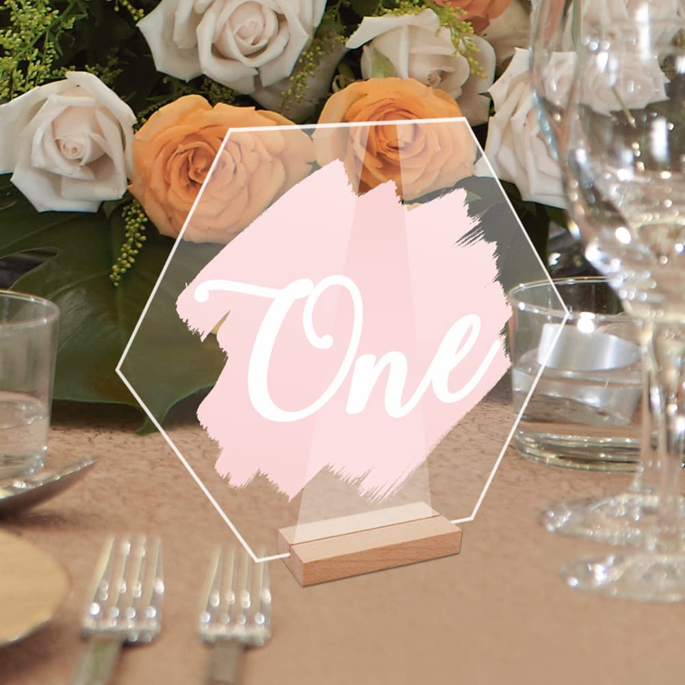 Saycker Acrylic Table Numbers 1-10, Table Numbers for Wedding Reception with Stands, Clear Reserved Table Signs Wedding Signage, Table Numbers for Centerpiece Decoration, Event, Party(Pink)
