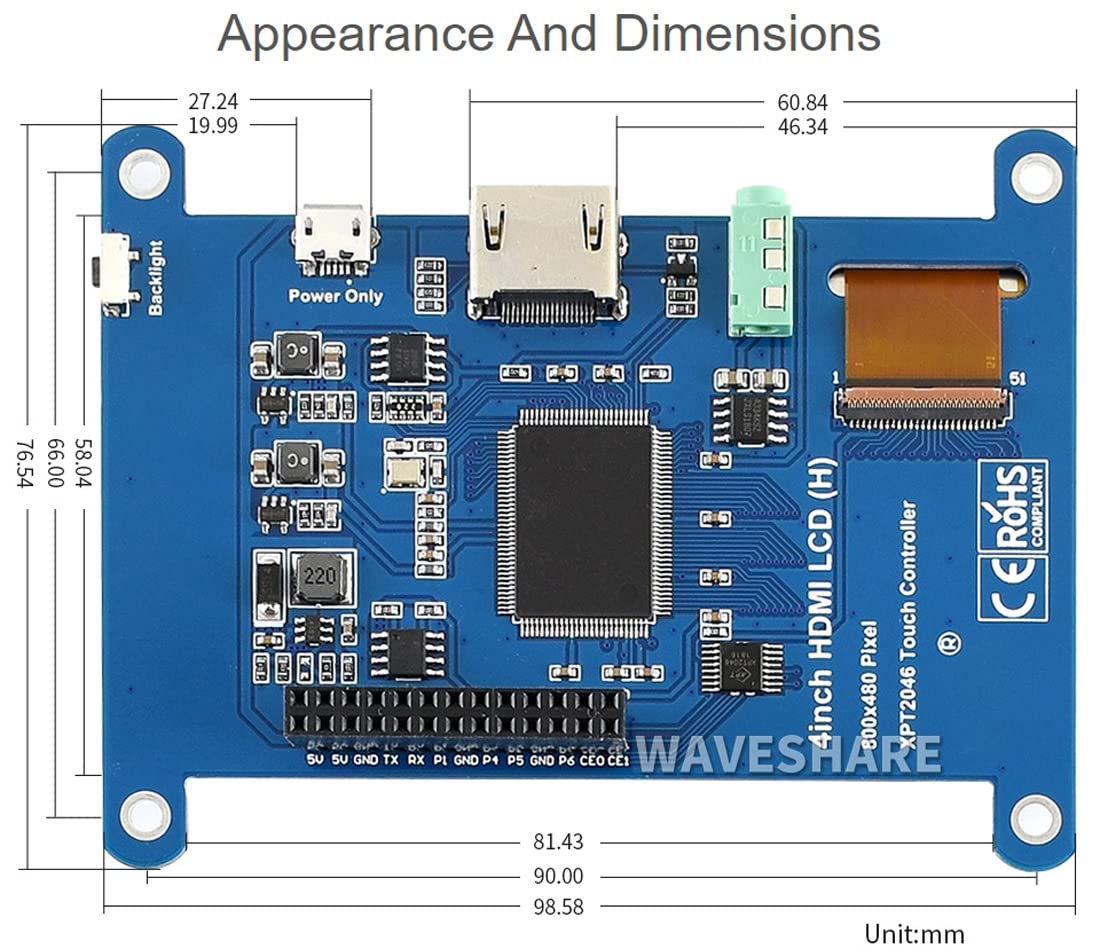 waveshare 4inch Resistive Touch Screen LCD Compatible with Raspberry Pi 4B/3B+/3A+/2B/B+/A+/Zero/Zero W/WH/Zero 2W CM3+/4 480×800 Resolution HDMI IPS Supports Windows