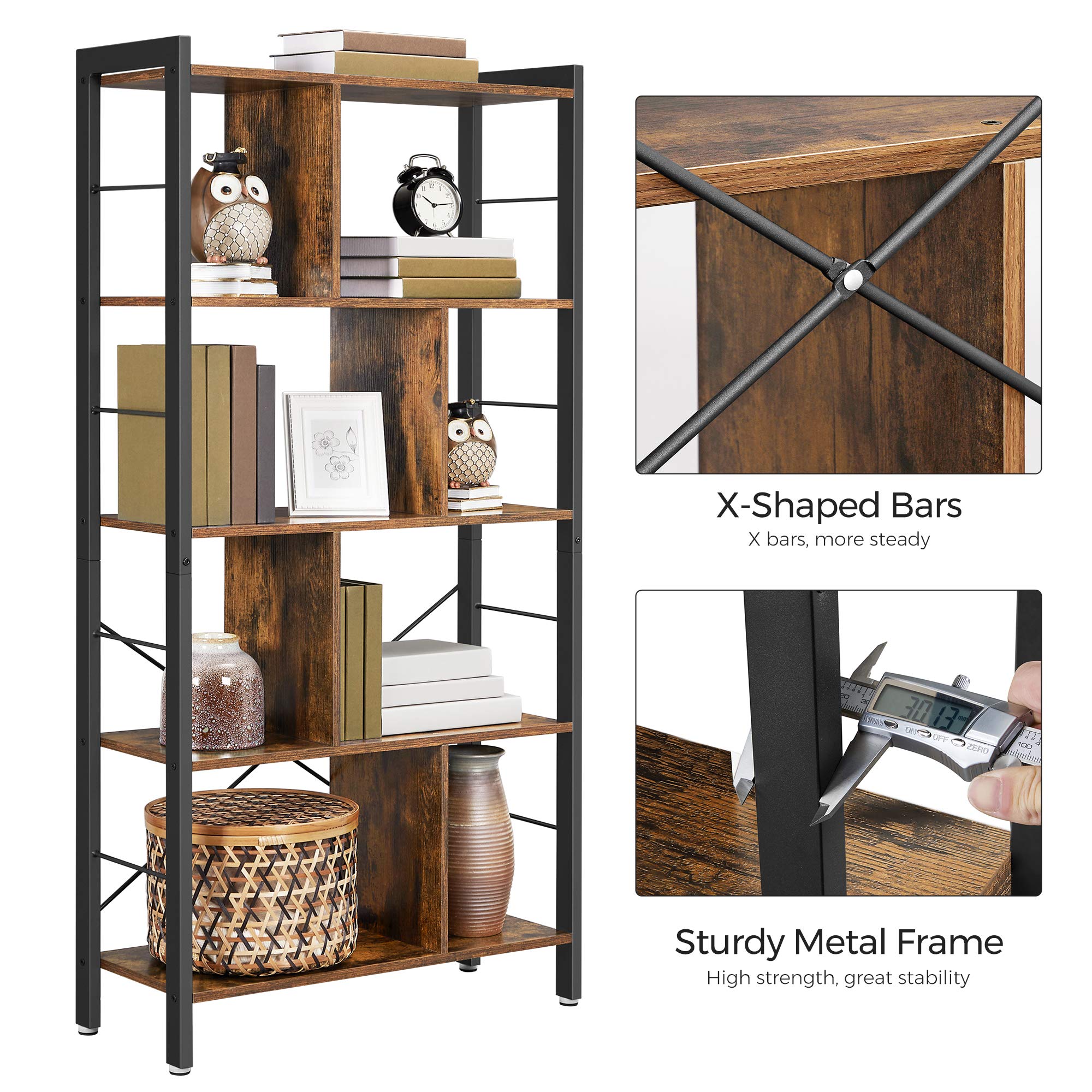 VASAGLE ALINRU Bookcase, 4-Tier Industrial Bookshelf, Floor Standing Storage Rack in Living Room Office Study, Large Storage Space, Simple Assembly, Stable Iron Frame, Rustic Brown ULBC12BX