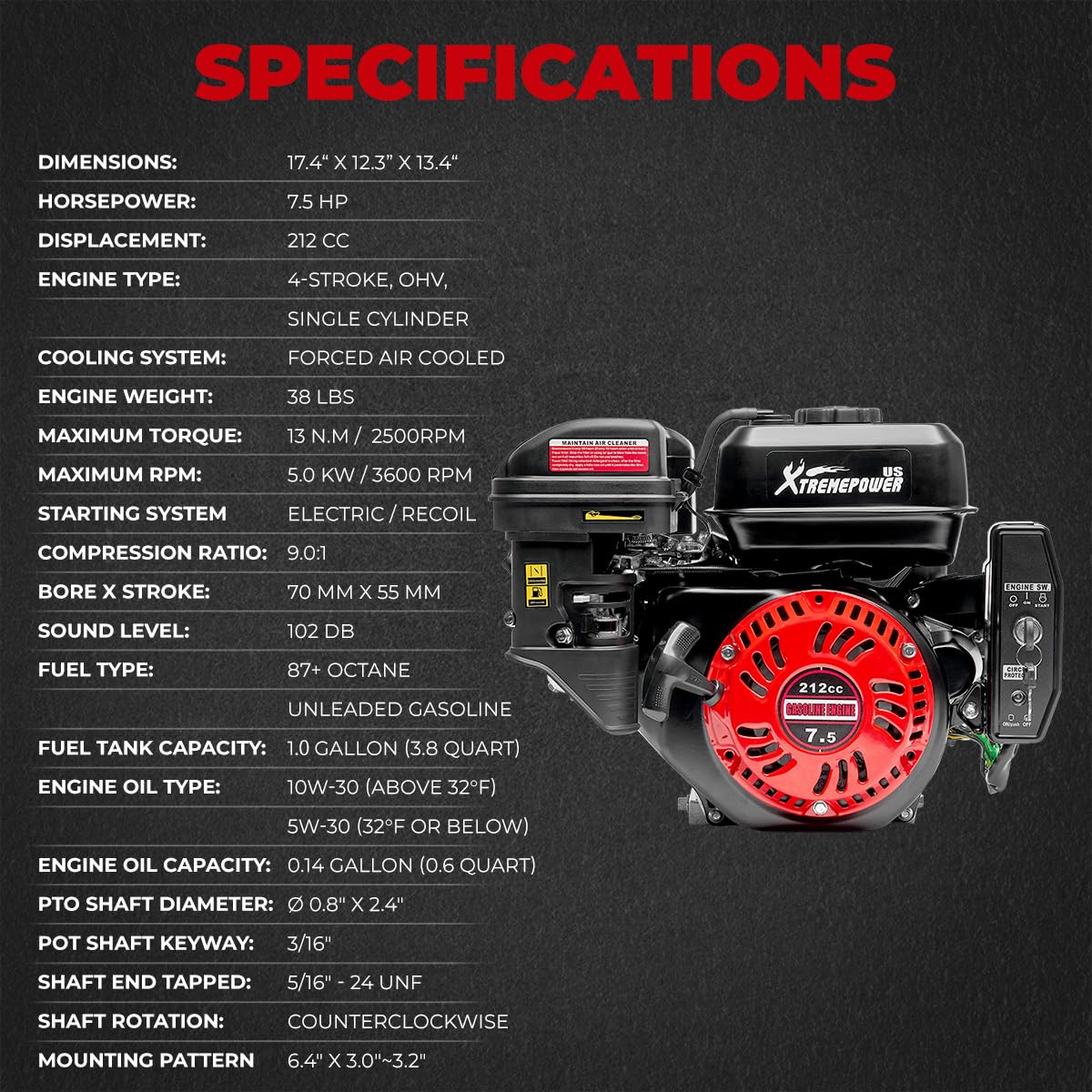 XtremepowerUS Electric Start 7 HP Go Kart Gas Engine Log Splitter Recoil/Electric Start Engine Gas Power Gasoline OHV Motor, Black