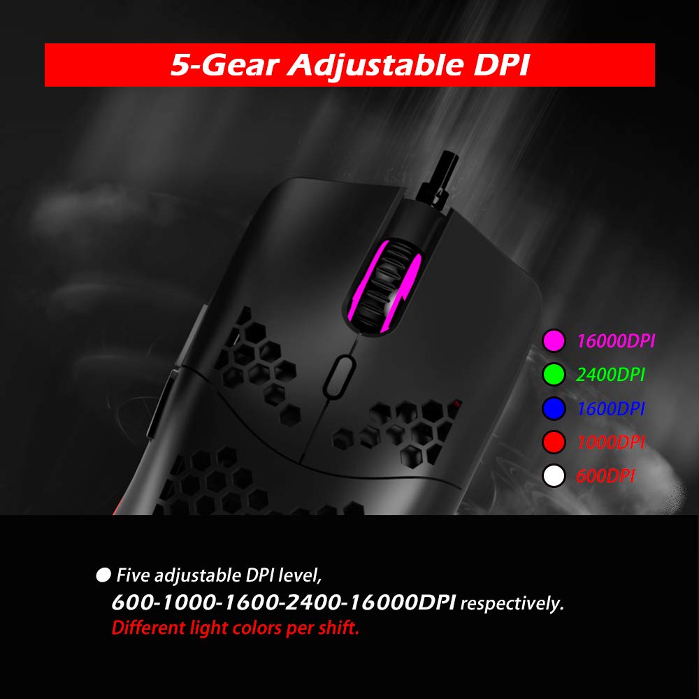 ZLOT Honeycomb Shell Gaming Mouse,65g Lightweight,3389 Gaming Sensor, Max-16000 DPI,50G Acceleration,400 IPS,2020 Edition Programmable and On-Board Memory Laser Gaming Mouse,Black