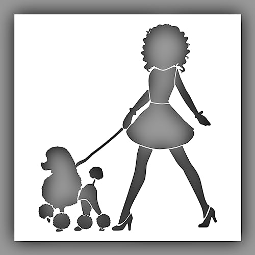 Woman Walking Poodle Dog Stencil - Choose a Size (6"x6") - Laser-Cut Reusable Plastic