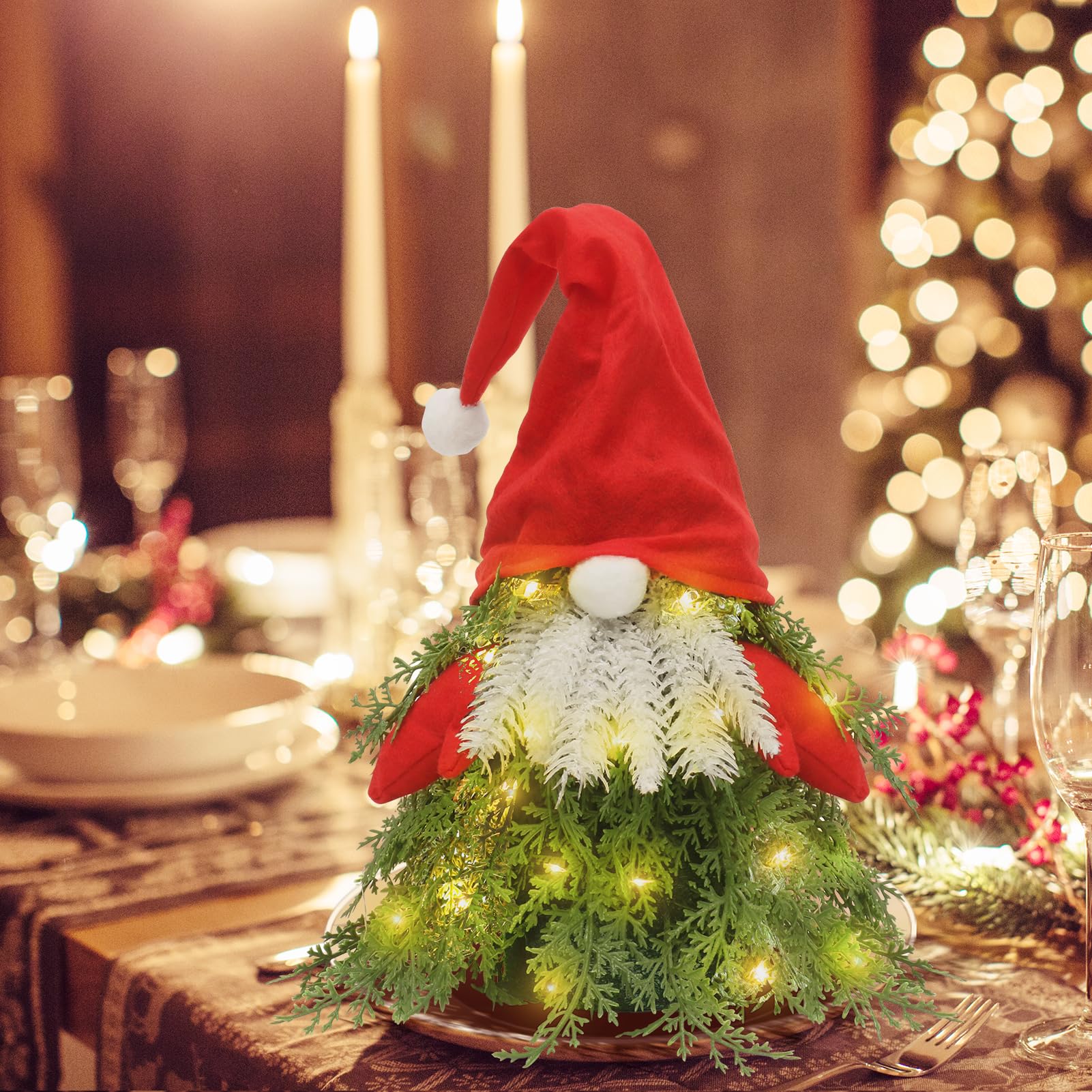 SY Super Bang Small Prelit Christmas Tree, Tabletop Mini Christmas Tree Ornaments for Home Decor, Gnome Christmas Decorations for Holiday Party Birthday Thanksgiving, Green.