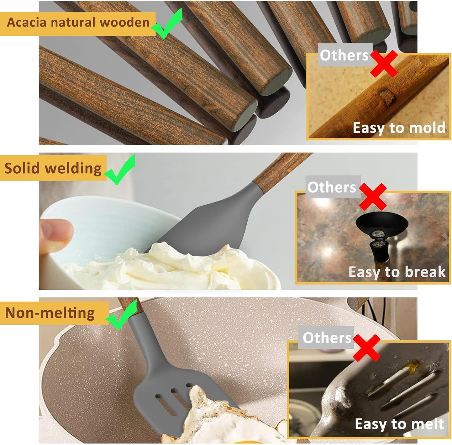 Umite Chef Silicone Cooking Utensil Set, 8-Piece Kitchen Utensils Set with Natural Acacia Wooden Handles,Food-Grade Silicone Heads-Silicone Kitchen Gadgets and Spatula Set for Nonstick Cookware - Grey