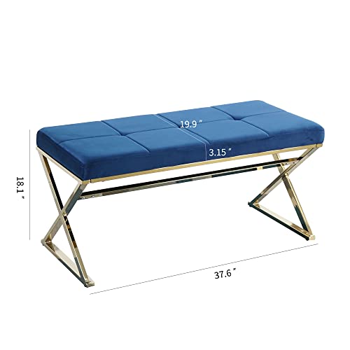 Velvet Upholstered Bench,Stainless steelMetal Frame (Blue)
