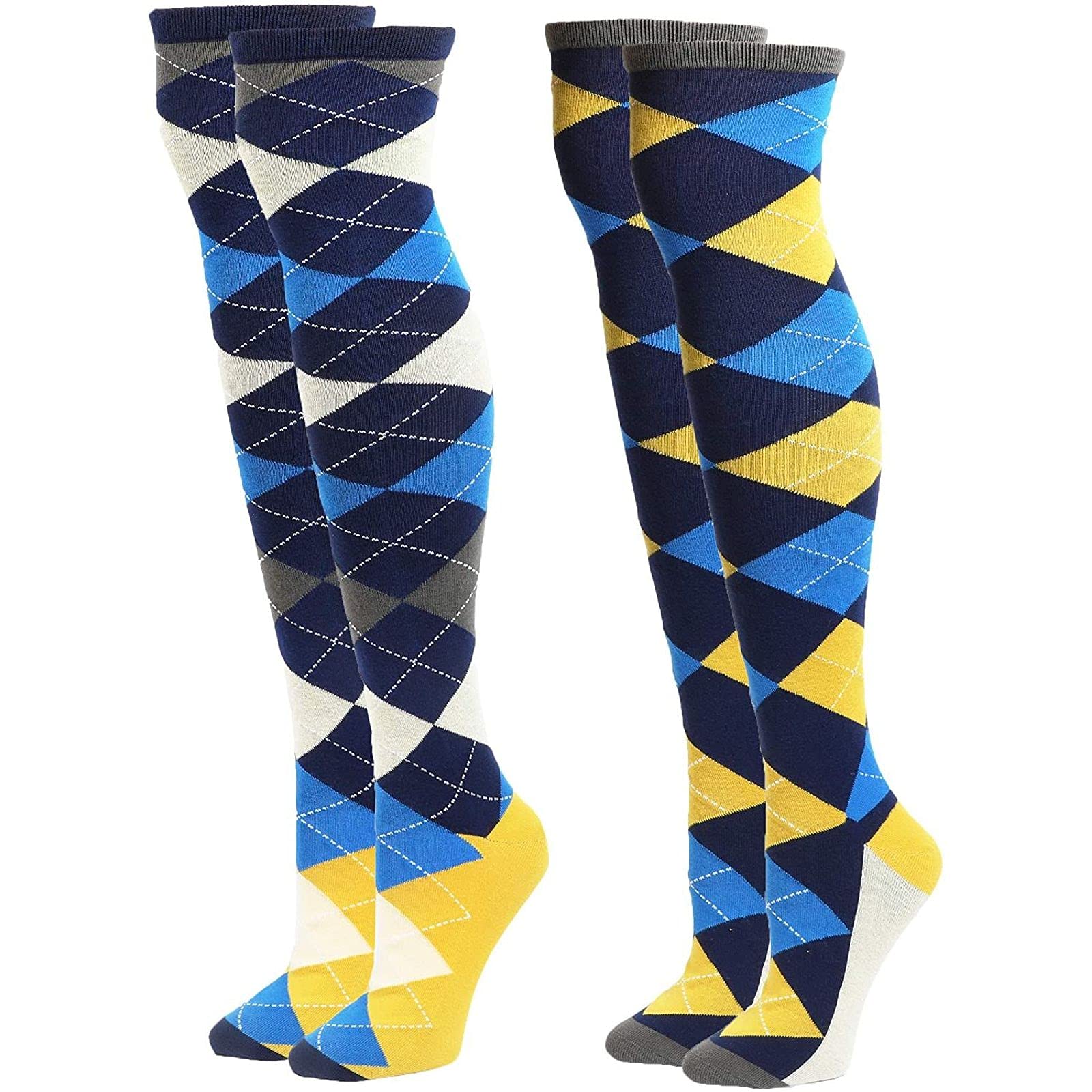 Zodaca Knee High Argyle Golf Socks for Women, 2 Colors (2 Pairs)