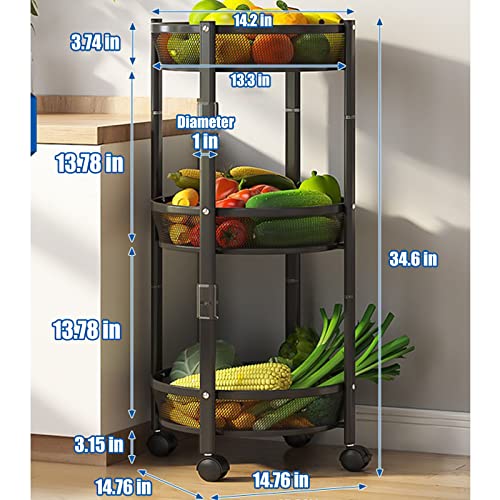 YGYQZ No-Assembly Fruit Vegetable Kithen Cart, 3-Tier Rolling Movable Basket Utility Storage Cart with Caster Wheels for Office Kitchen, Bathroom (Black Utility cart)