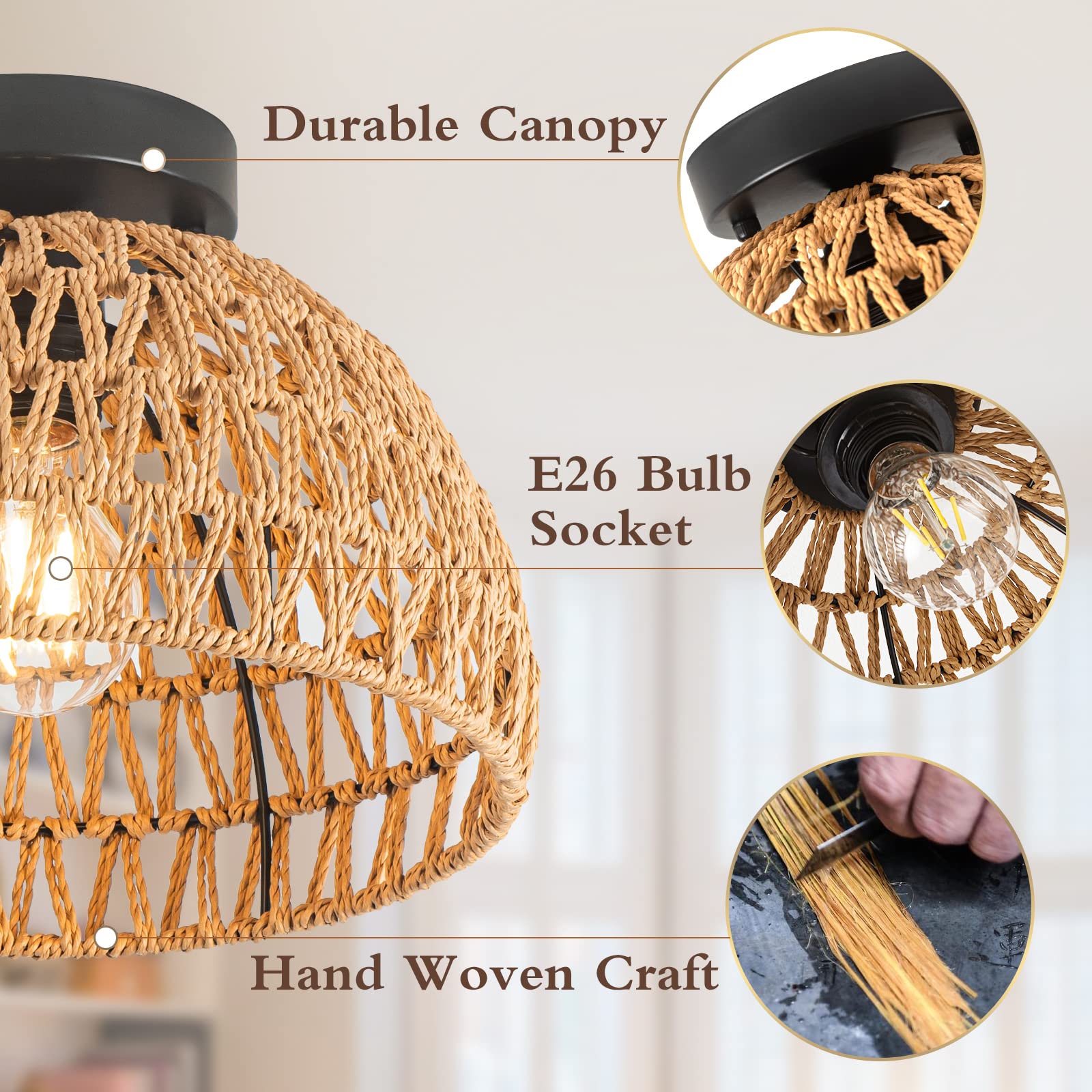 SYTPPLAN Rattan Light Fixtures Ceiling Light, Handmade Woven Cage Boho Light Fixture 11" Semi Flush Mount Light Fixture Coastal Ceiling Light for Hallway Kitchen Entryway Farmhouse Living Room
