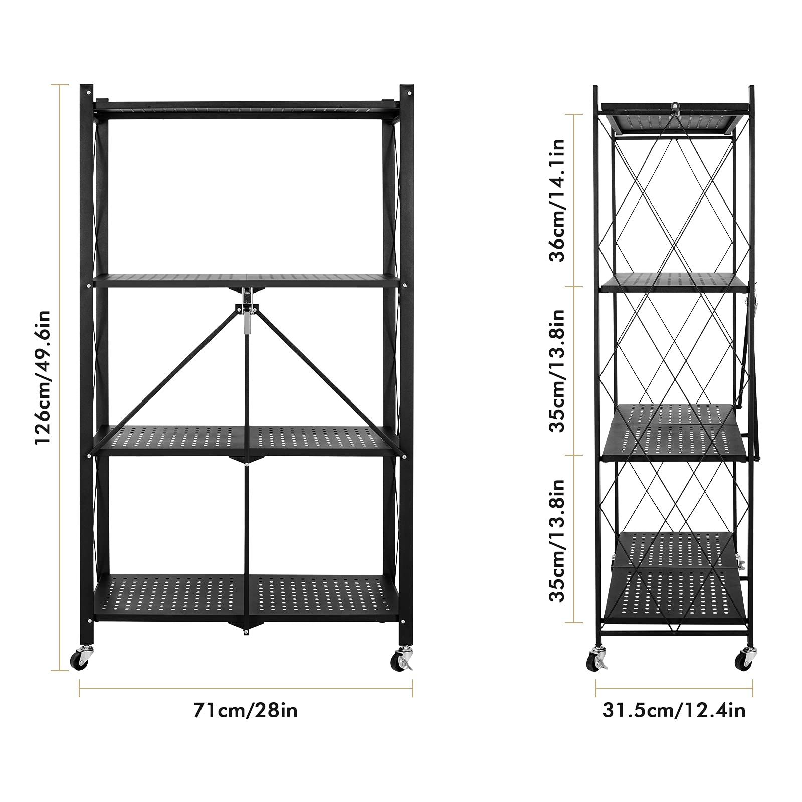 XCSOURCE 4-Tier Foldable Storage Shelves, Wide Folding Metal Shelf with Caster Wheels for Garage Kitchen Home Closet Office, No Assemble Needed - Black