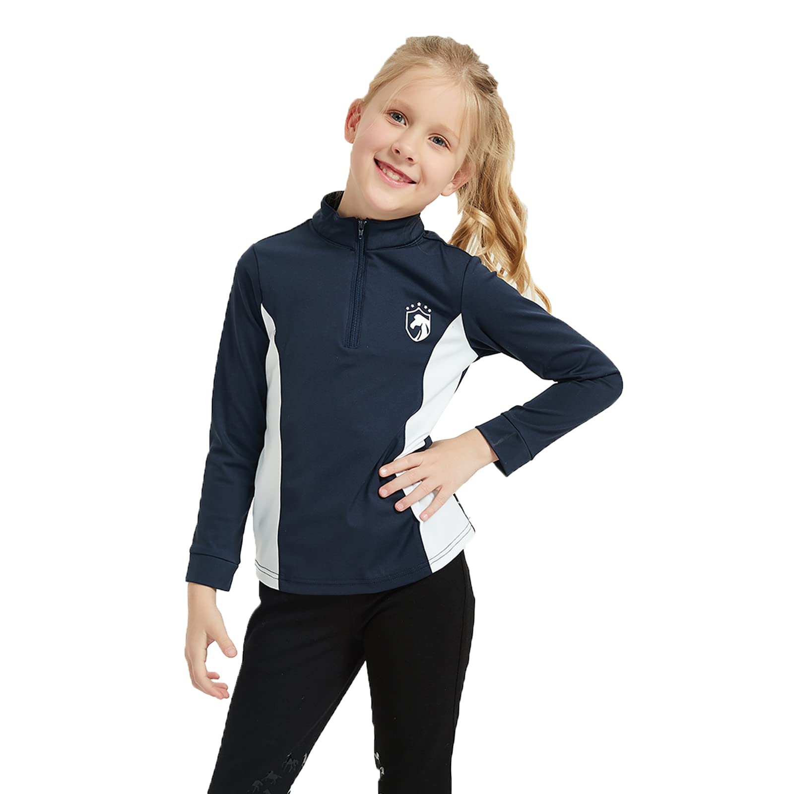 TrustRider Kid's Ventilated Technical Long Sleeve Riding Sport Shirt with Ice Fil Lite (DarkBlue, L)