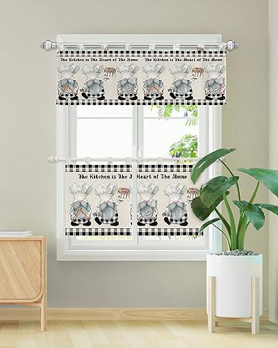 Tab Top Curtain Valance and Tiers Set,Chef Dwarf Cake Black Buffalo Plaid Light Filtering Kitchen Curtains Valances,Dessert Cooking Utensil Retro Linen Cafe Window Treatment Drapes for Bedroom