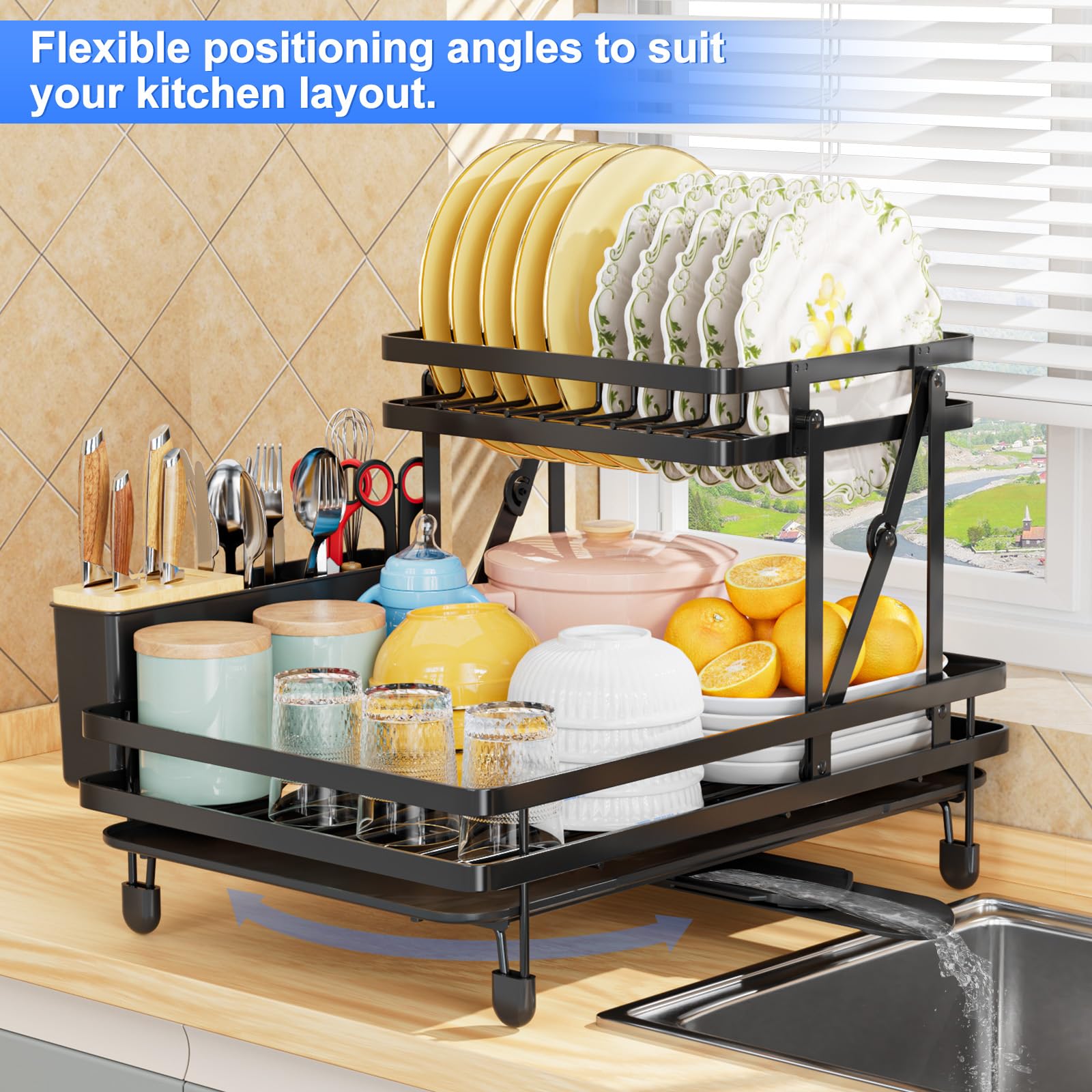 YKLSLH Dish Drying Rack, Collapsible Dish Racks for Kitchen Counter, 2 Tier Sturdy Dish Drainer with Utensil Holder-Kitchen Drying Rack