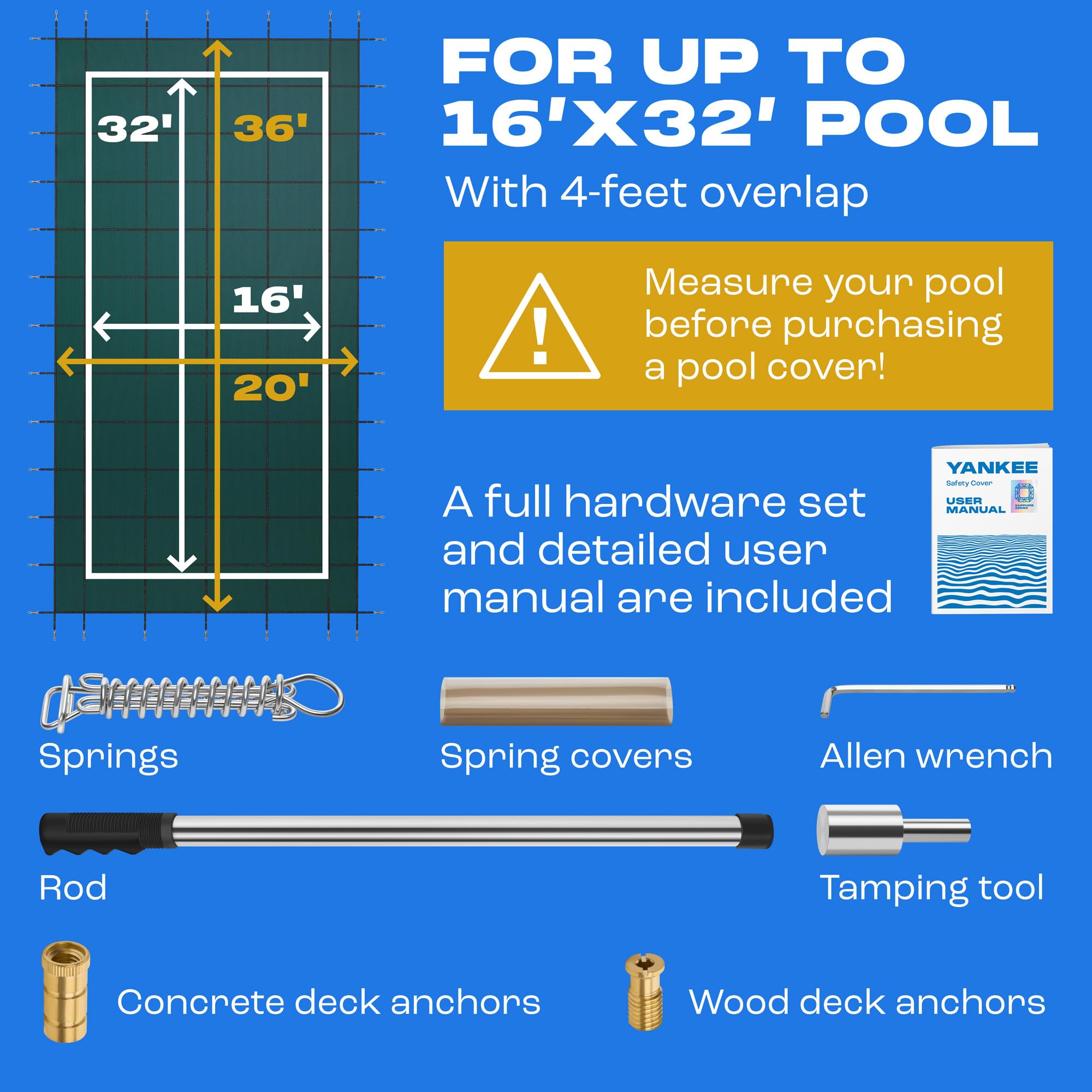 Yankee Pool Safety Inground Pool Cover - Full Set w/Pool Safety Net and Installation Tools | Ultra-Dense 16x32 Ft Safety Pool Cover w/Anchors, Steps | Cold-Resistant Pool Covers for Inground Pools
