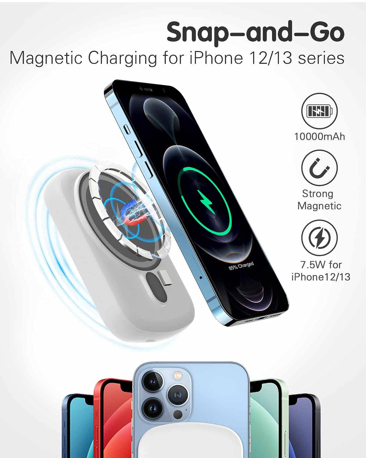 YaNovate Magnetic Power Bank, 10000mAh Magnetic Wireless Power Bank 2023 Upgraded Large Capacity Mini Sized 20W Compatible with iPhone 12/iPhone 13/Pro/Pro Max/Mini