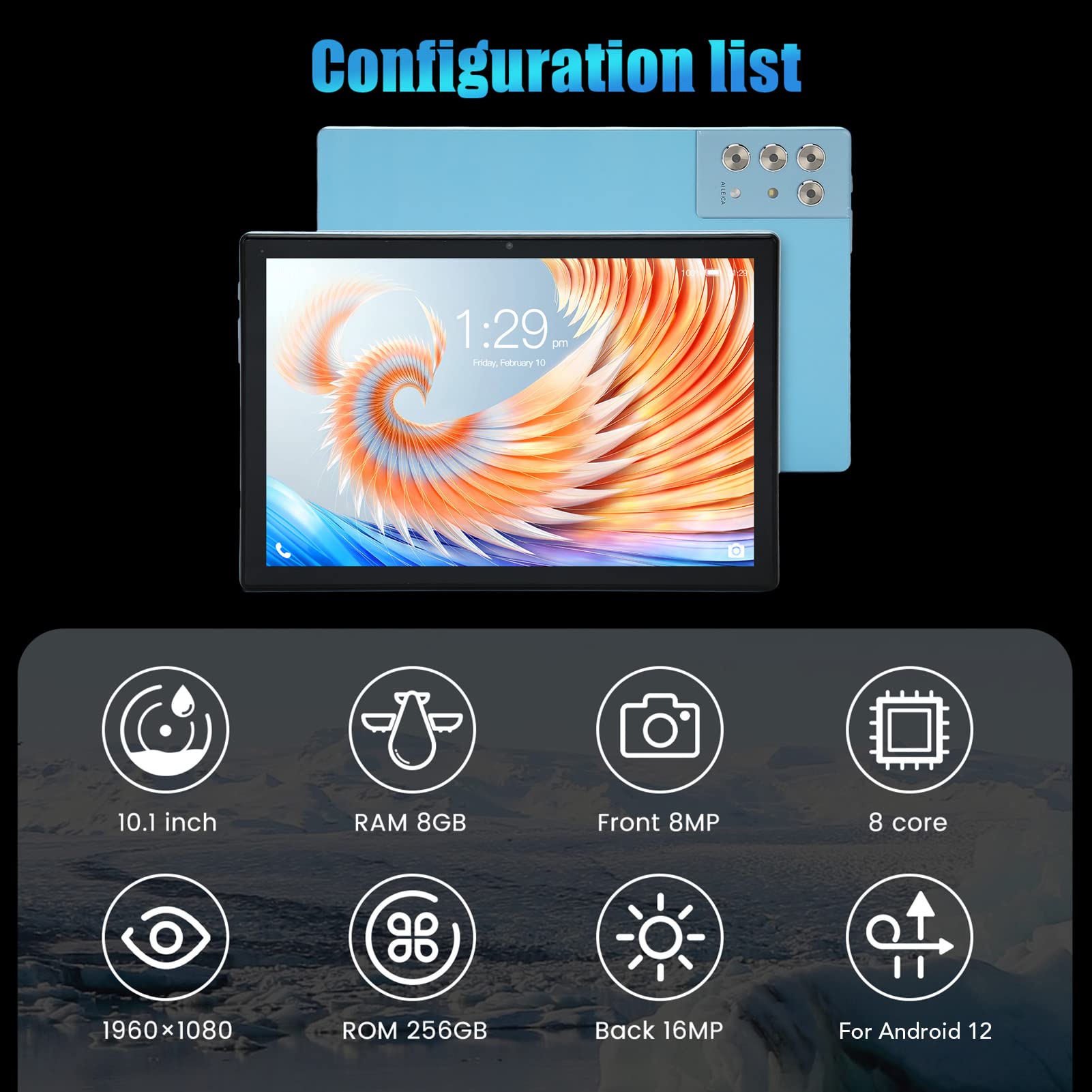 Yoidesu 10.1 Inch Tablet for Android 12, Octa Core CPU, 8GB RAM 256GB ROM 7000mAh, BT5.0, 1080 FHD, Gravity Sensing, GPS, Glonass, Front 800W, Rear 1600W Camera, 5 Point Touch, Sky Blue