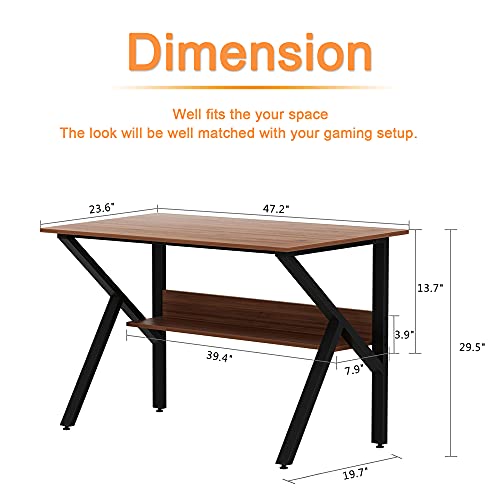 XINDACLOVER Gaming Computer Desk for Gamer, 47 Inch Small Student Desk for Bedroom, Computer Desk with Bookshelf for Home Office, Studying Writing Table for Small Space(Walnut)