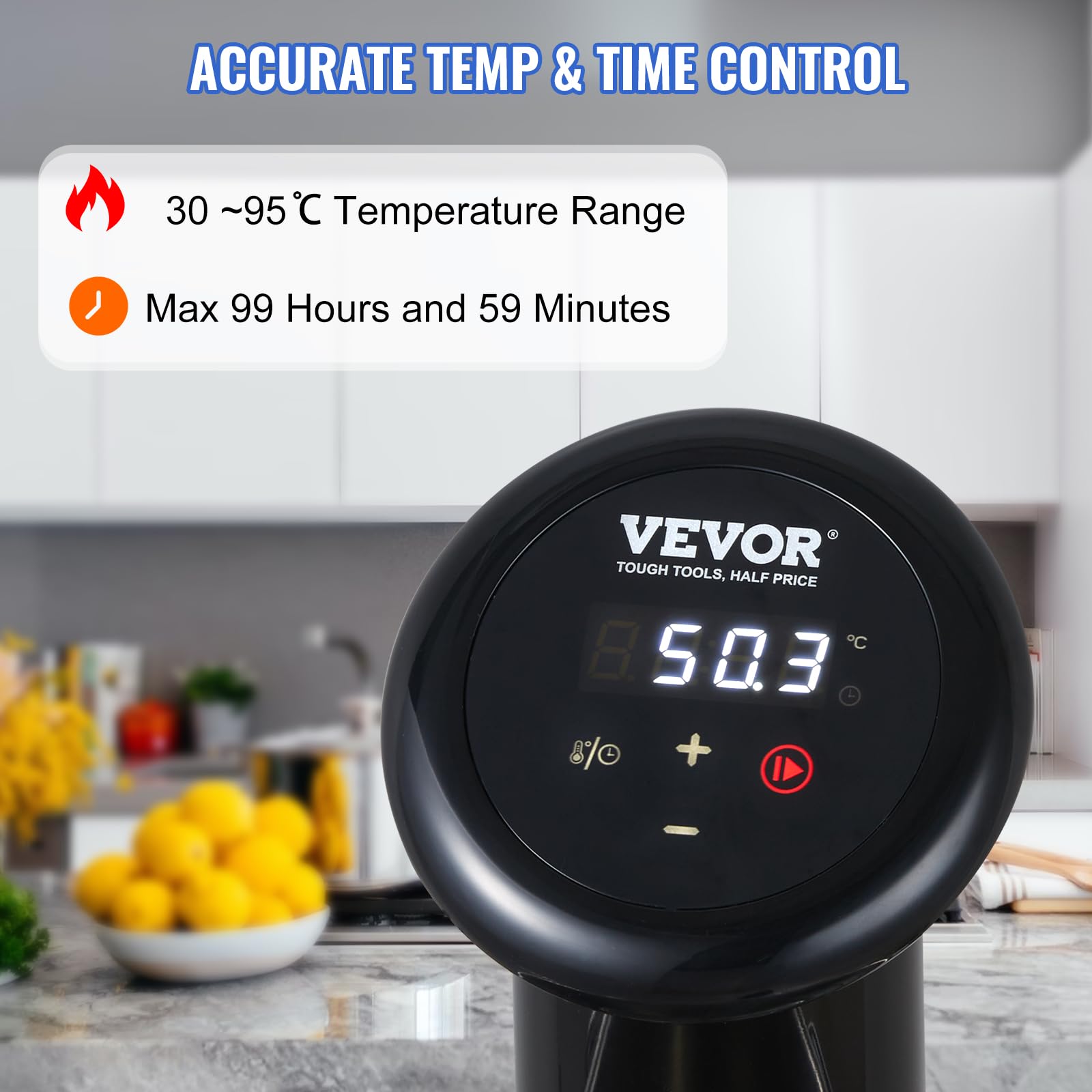 VEVOR Sous Vide Machine, 1200W Sous Vide Cooker, 30-95 °C Immersion Circulator, Temperature and Time Digital Display Control, IPX7 Waterproof, Fast Heating, Low Noise, Precision Cooking