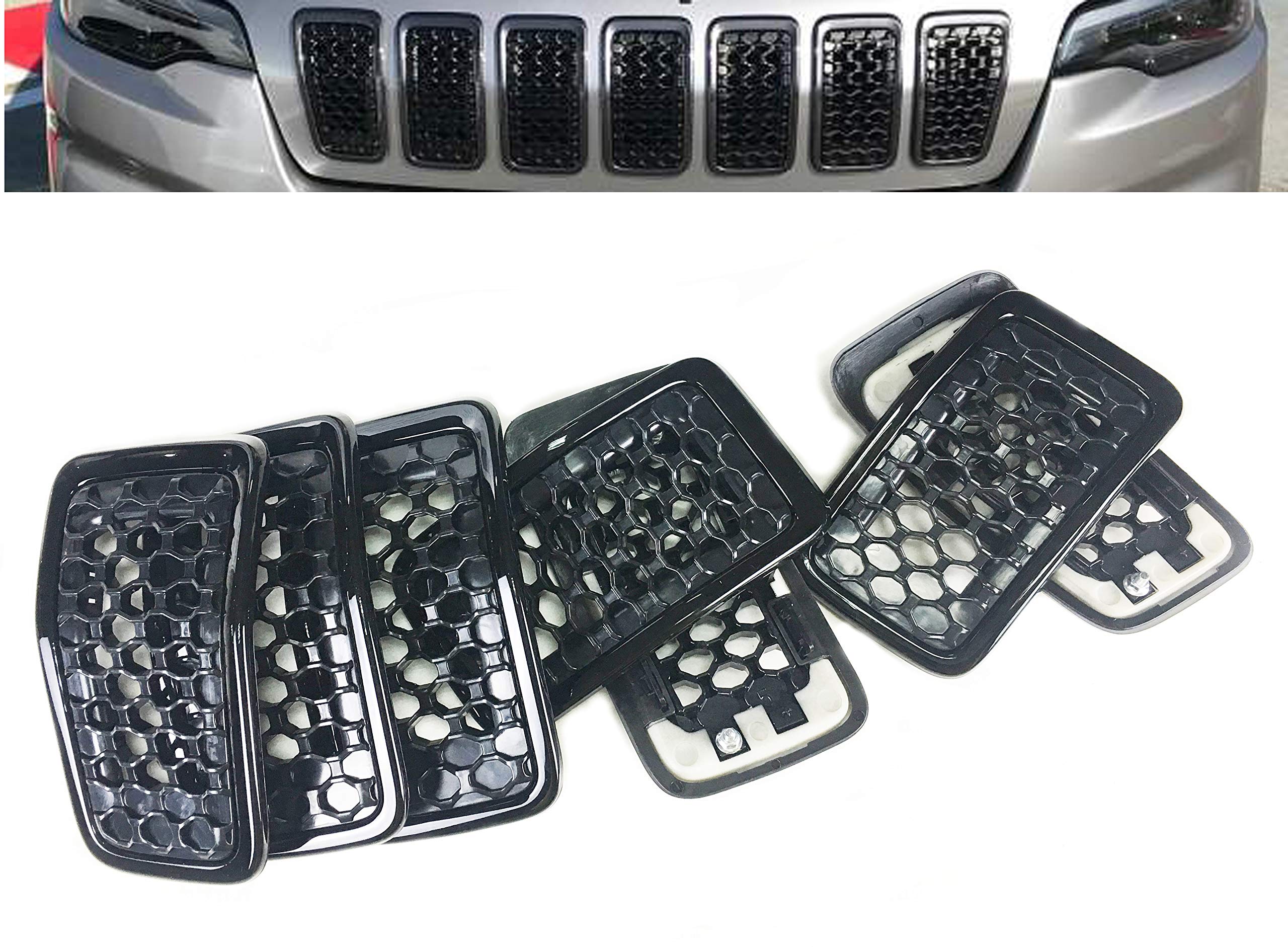YAV Fit for 2019 2020 2021 Jeep Cherokee Black Grill Inserts Front Grille Inserts Honeycomb Mesh Cover Accessories 7PC