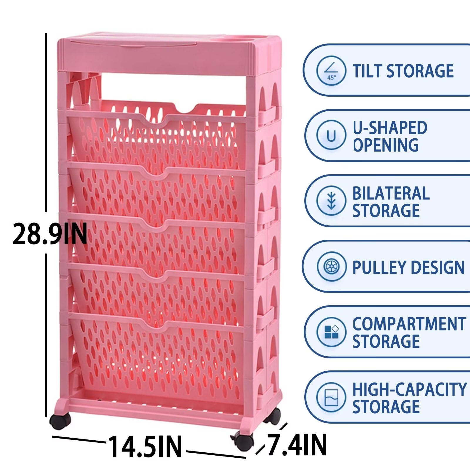 YAYLAIP Rolling Bookshelf Cart,6-Tier Large Capacity,on Wheels Moveable Office Desk File Bookshelf Organizer,with Wheel Multilayer Rotatable,Mobile Portable Removable Plastic Practical Rollingļ¼Pink