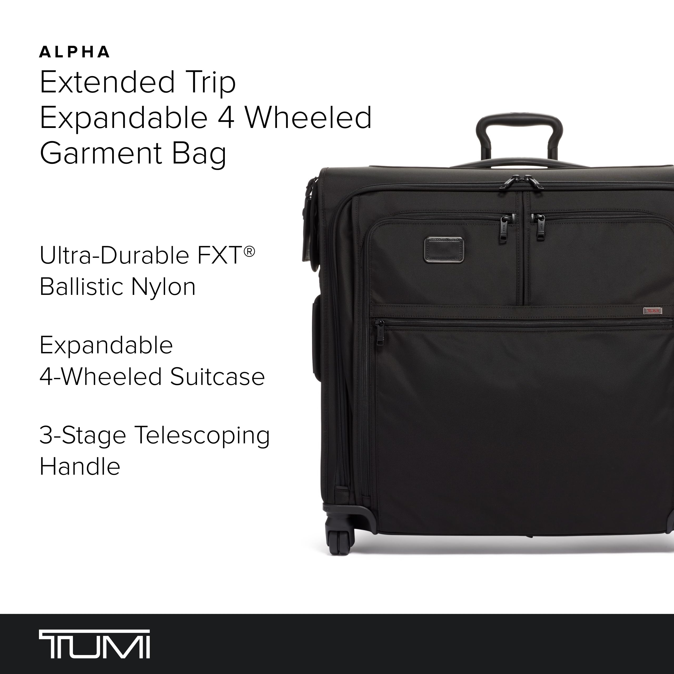 TUMI - Alpha Extended Trip 4-Wheeled Garment Bag with TSA Lock - Stores Suits, Coats, Dresses, and Shoes - Black