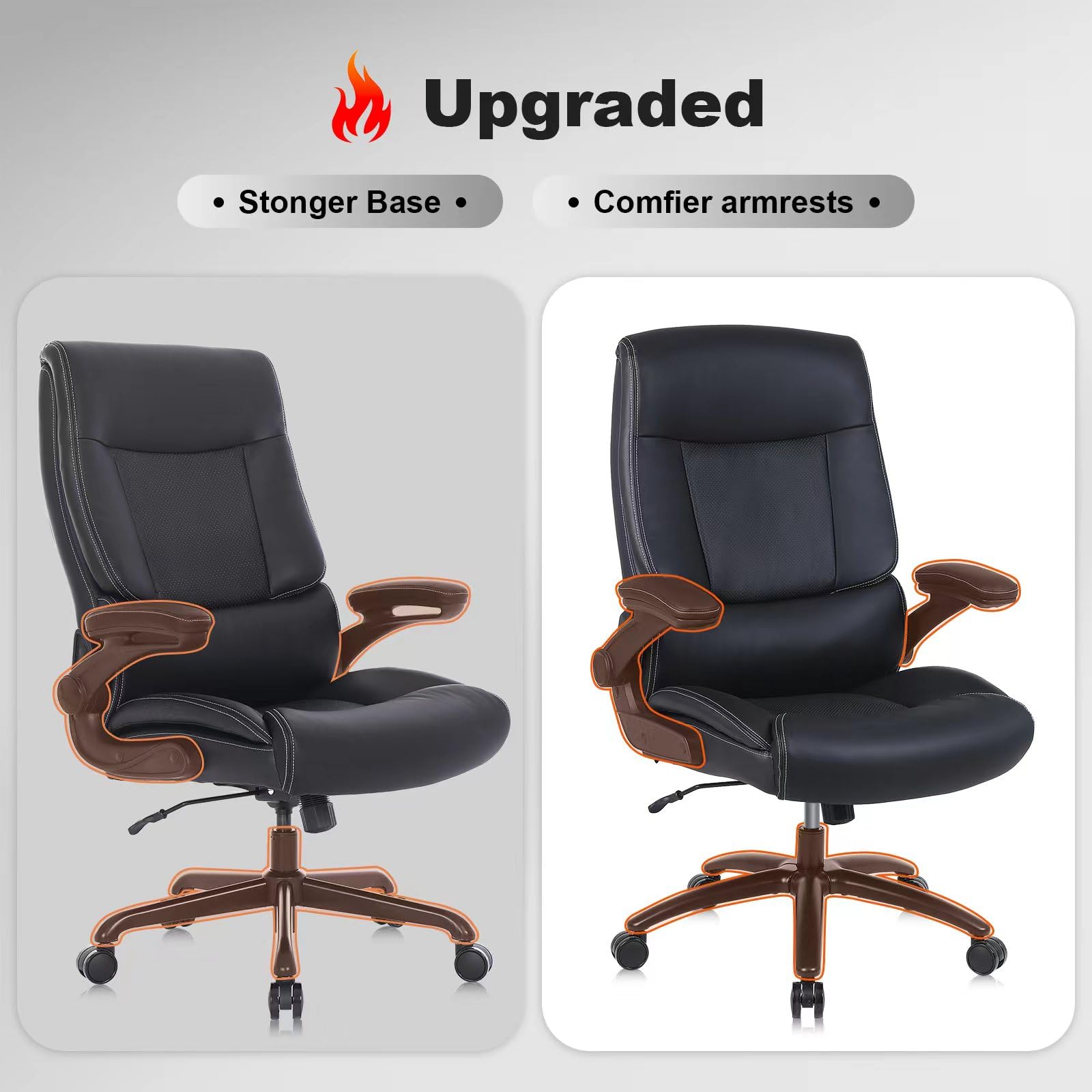 Youhauchair Big and Tall Office Chair, 500LBS Executive Desk Chair with Lumbar Support, PU Leather Ergonomic Computer Chair with Flip-up Armrests, High Back Work Chair, Black