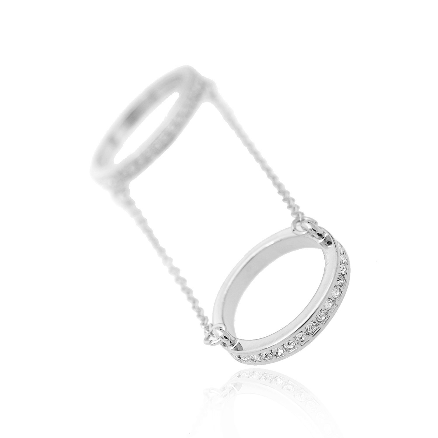 Spinningdaisy Crystal Double Layer with Chain Knuckle Ring (Silver Plated)
