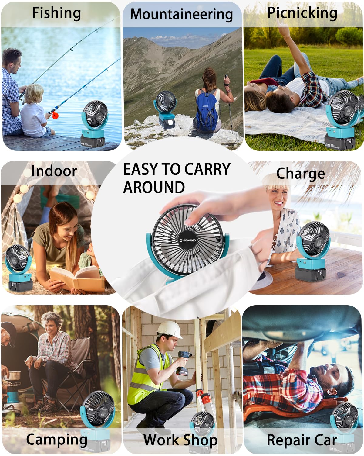 Uniqwamo Portable Rechargeable Fan for Makita 18V BL1860 BL1850 Lithium-Ion Battery, Jobsite Battery Operated Fan with 3 Speeds Control,USB +Type C