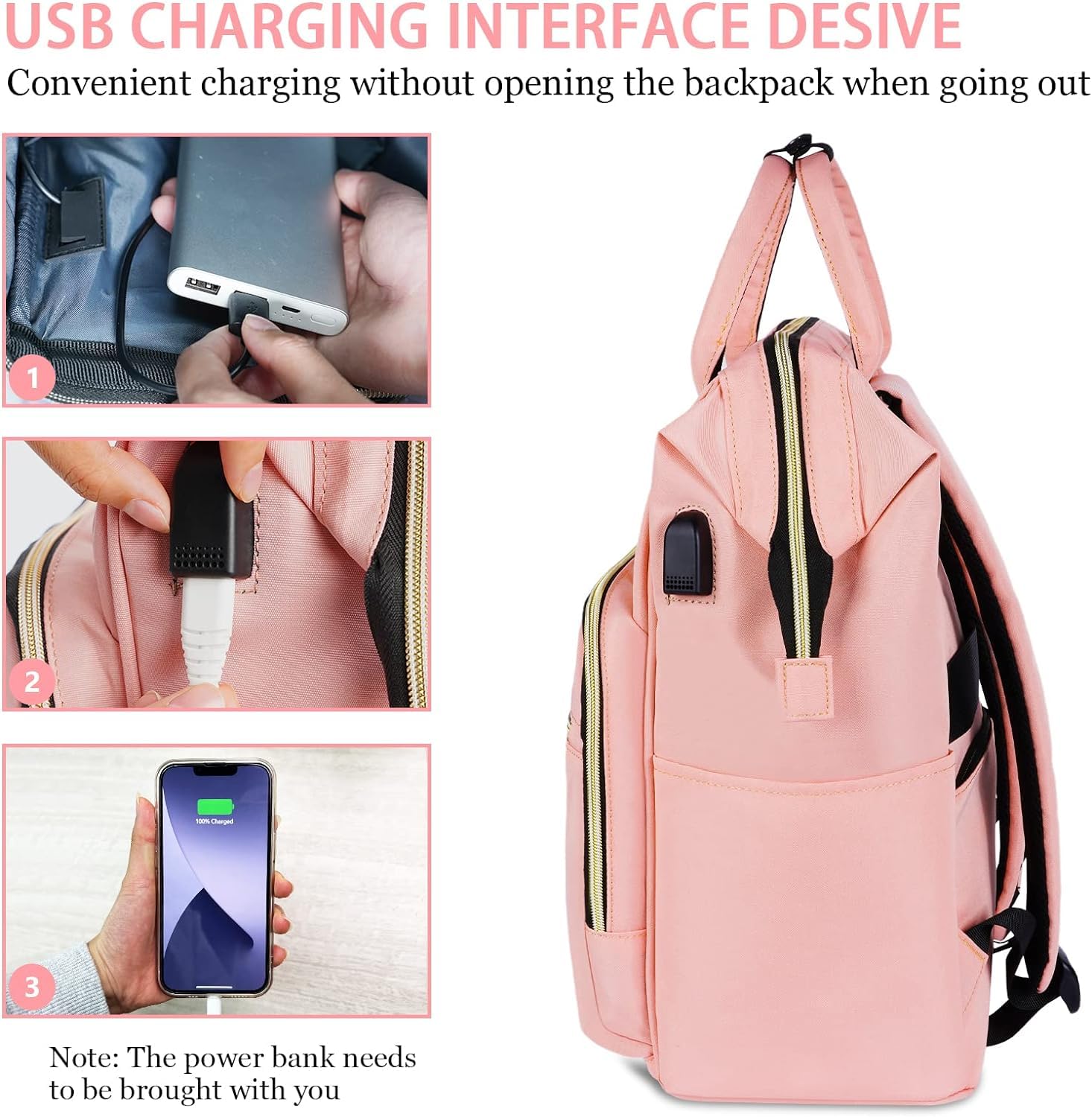 Ytonet Pink Laptop Backpack for Women, 15.6 Inch Anti theft Backpack with USB Charging Port, Water Resistant Travel Carry On Backpack with Laptop Compartment for Work/Nurse/Teacher, Pink