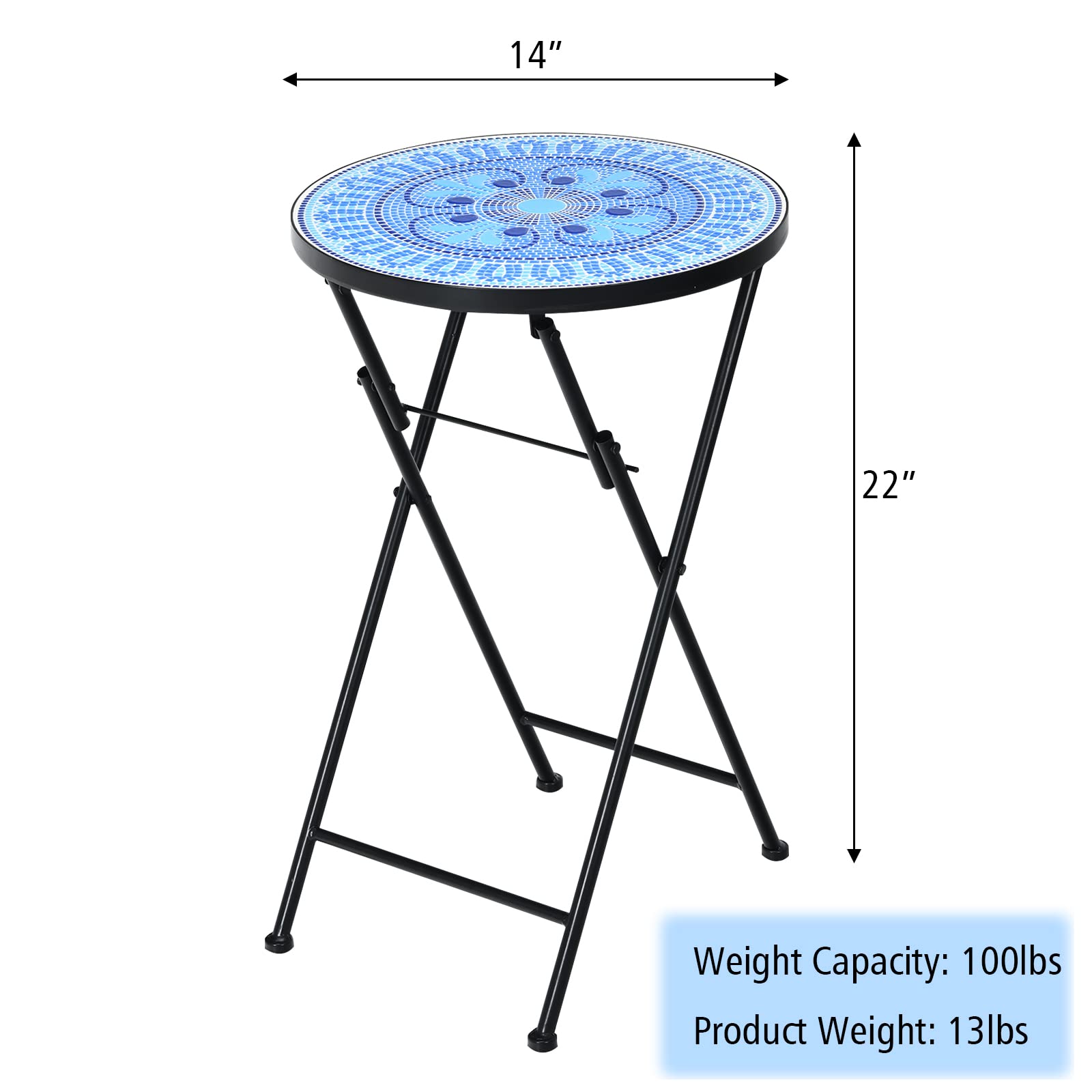 Tangkula 22”H Mosaic Plant Stand, Folding Outdoor Side Table, Round Patio End Table, 14” Ceramic Tile Top Metal Frame, Small Bistro Coffee Table, Outdoor Indoor Accent Table for Porch Garden Balcony