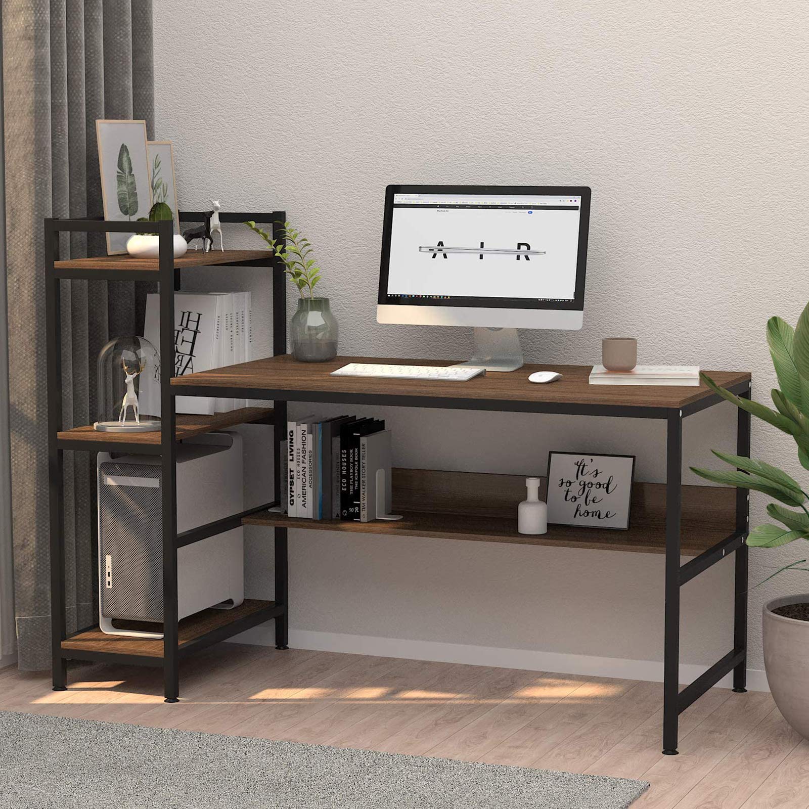 Yoleo Computer Desk with 4 Tier Storage Shelves - 53.54'' Student Study Table with Bookshelf Modern Wood Desk with Steel Frame for Small Spaces Home Office Workstation (Walnut)