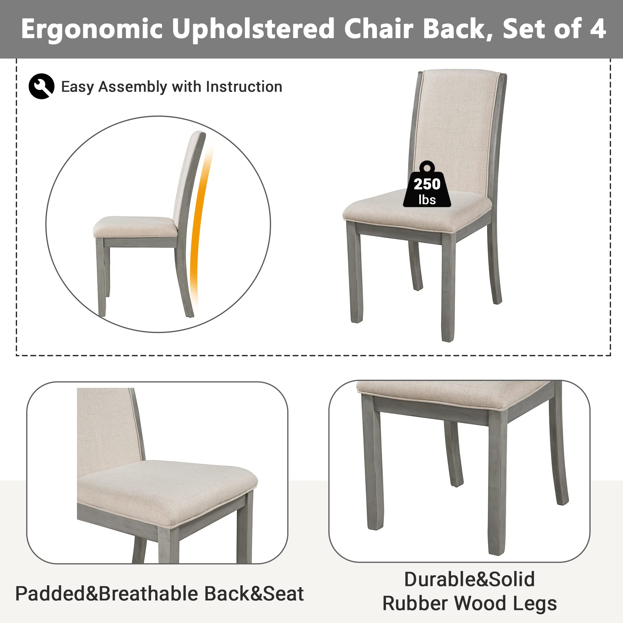 TARTOP Dining Chairs Set of 4, Full Back Set with Upholstered, Farmhouse Solid Wood Frame and Legs,Gray+Cushion Beige