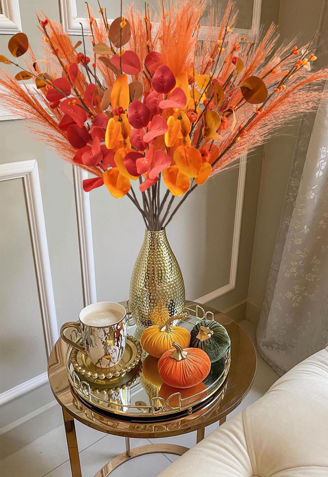 unlemoni 12Pcs 27.5" Artificial Fall Flowers Bouquets with Burnt Orange Pampas Grass & Berry Pumpkin & Fall Eucalyptus Leaves Stems, Fall Centerpieces for Tables Wedding Autumn Thanksgiving Decor