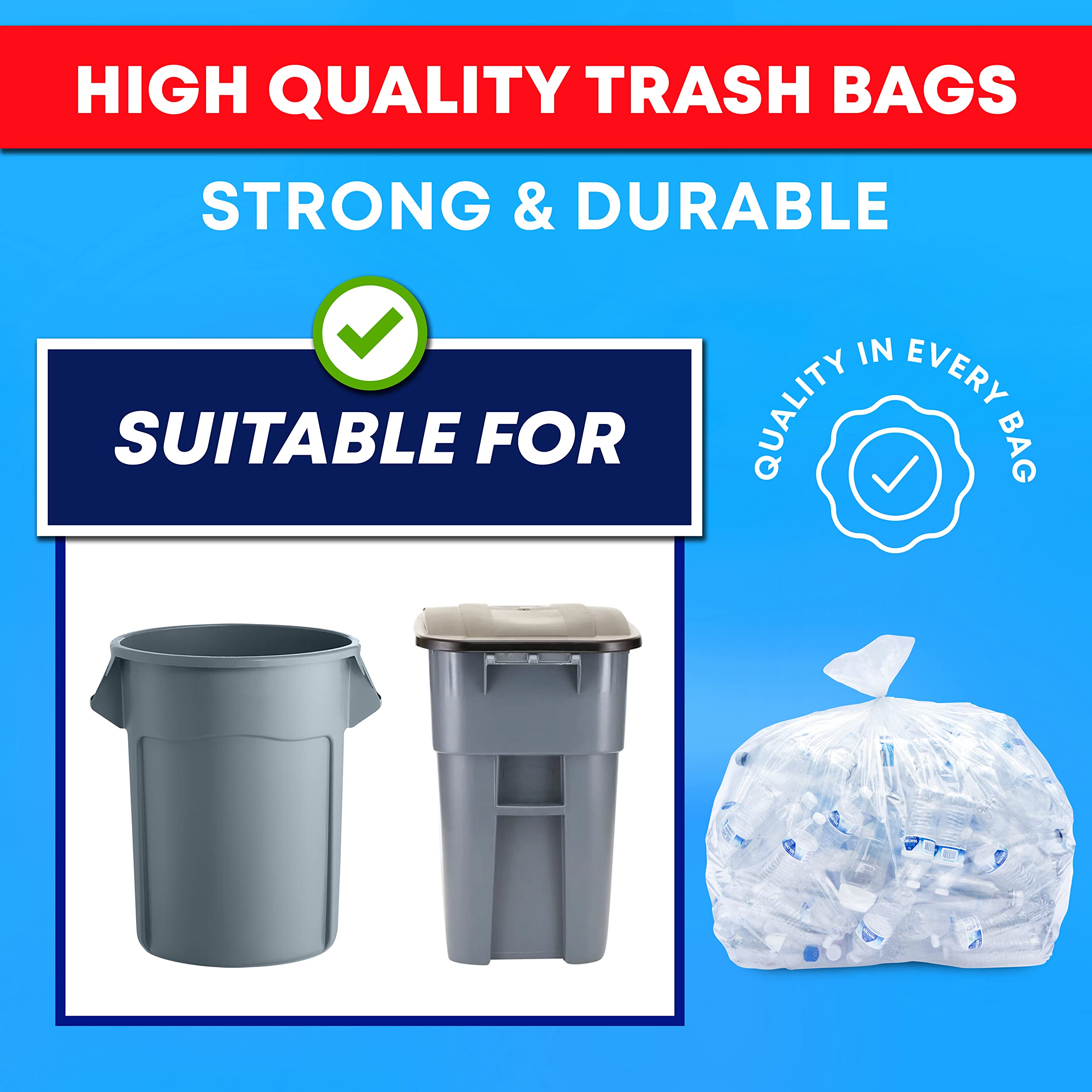 Tasker 64-65 Gallon Clear Trash Bags, Clear Recycling Bag (Huge 120 Count) 60 Gallon Clear Extra Large Recycling Garbage Bags