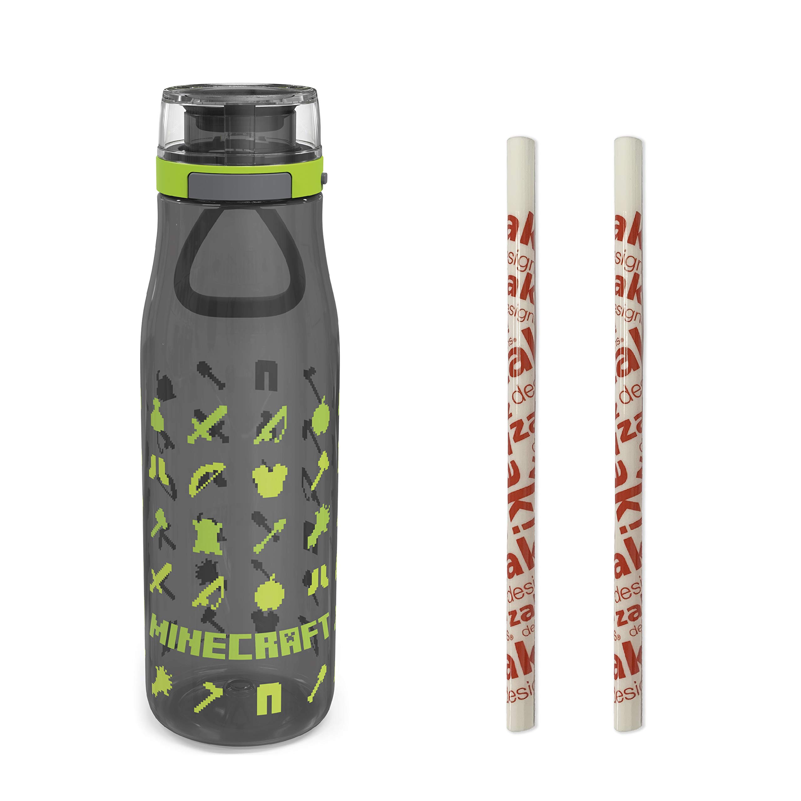 Zak Designs Minecraft Plastic Water Bottle with Push Button Action, Locking Lid, and Portable Carry Loop, Includes 2 Reusable Straws (25oz, BPA-Free)