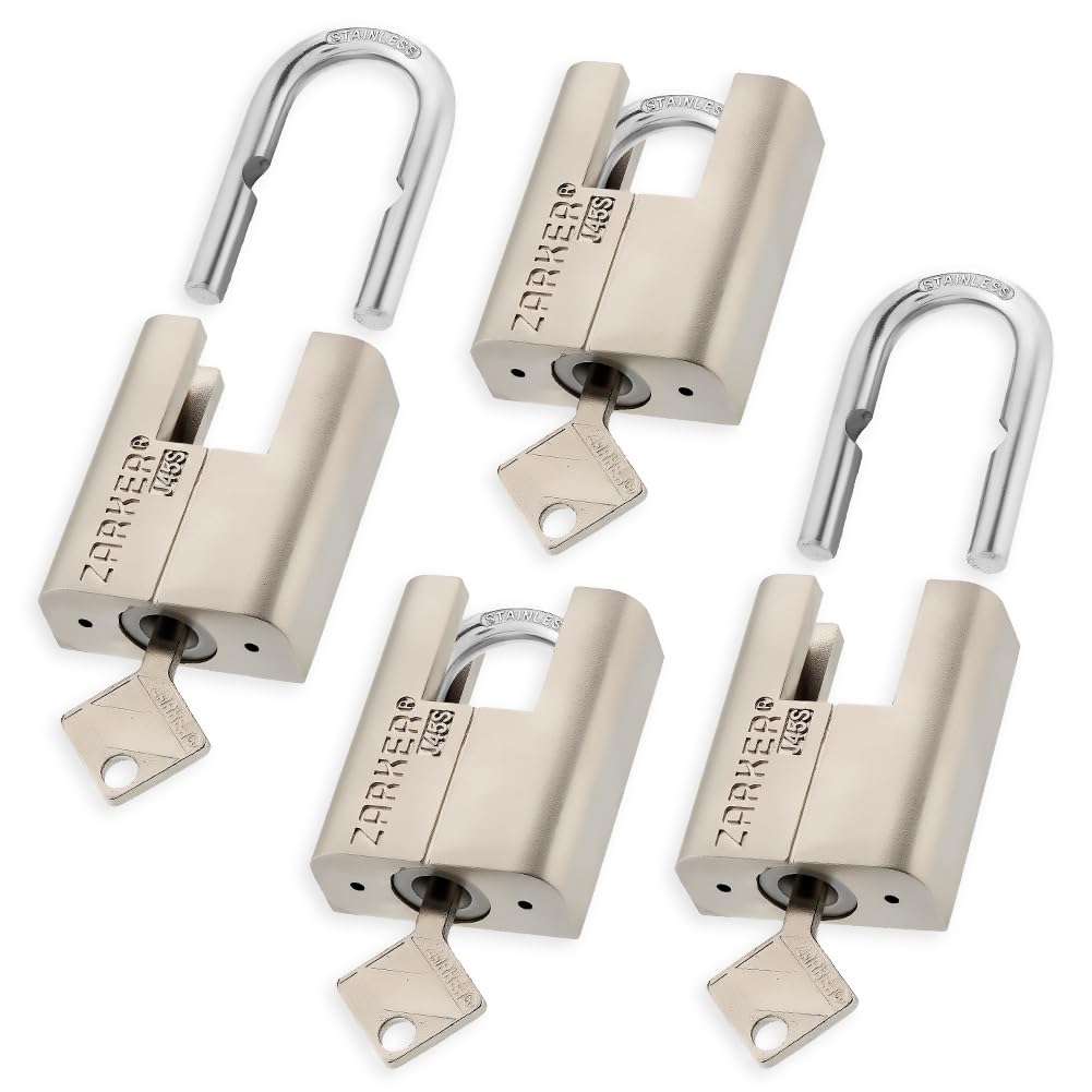 Zarker keyed Alike Padlocks, Heavy Duty Stainless Steel Shackle Lock, Waterproof and Rustproof Storage, Warehouses, Garage, Outdoors, J45S, 4-Pack