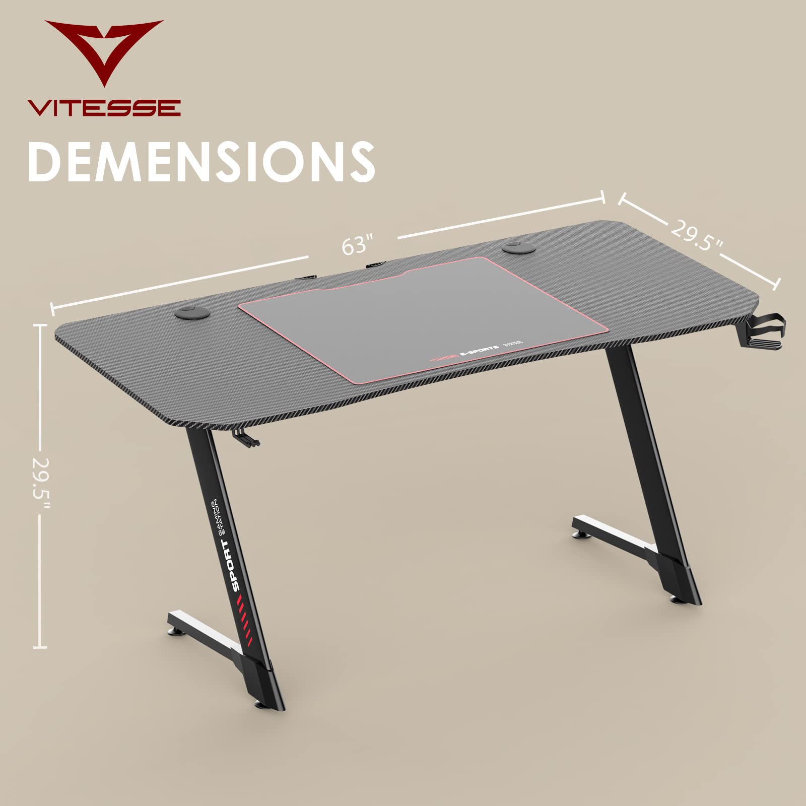 VITESSE Gaming Desk 63 Inch, Ergonomic Gamer Computer Desk with Mouse Pad, PC Gaming Tables with Gaming Handle Rack, Cup Holder Headphone Hook