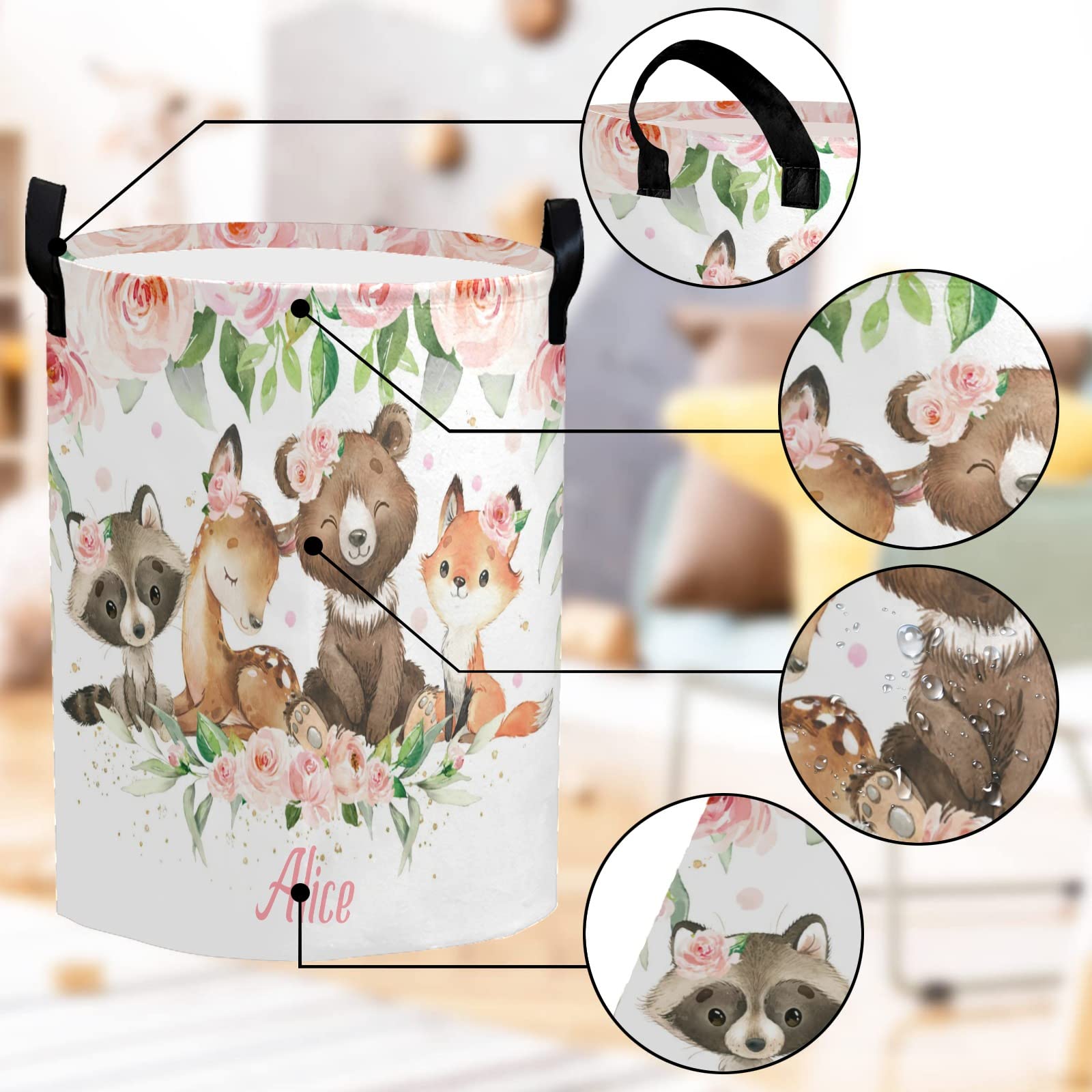 zaaprintblanket Laundry Basket Customized Name Organizer Storage Round Baskets Foldable Laundry Hamper with Handle for Nursery Bedroom Decor (Woodland Animals Pink Blush Floral)