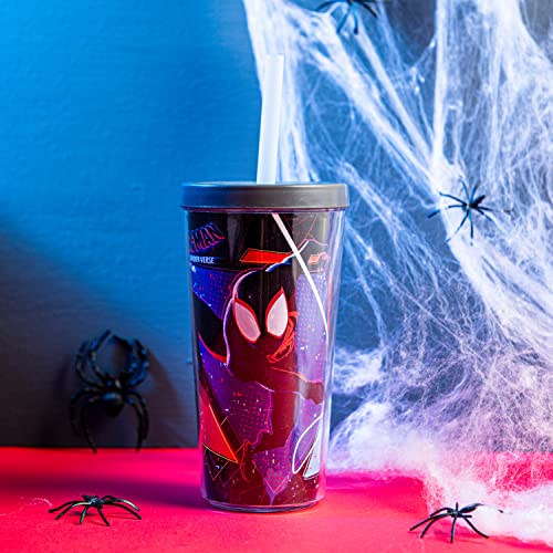 Zak Designs Marvel Spider-Man Across the Spider-Verse Movie Plastic Tumbler with Splash-Proof Lid and Straw, Durable Double-Wall Insulated Travel Cup Fits in Car Drink Holders (16oz, Non-BPA)