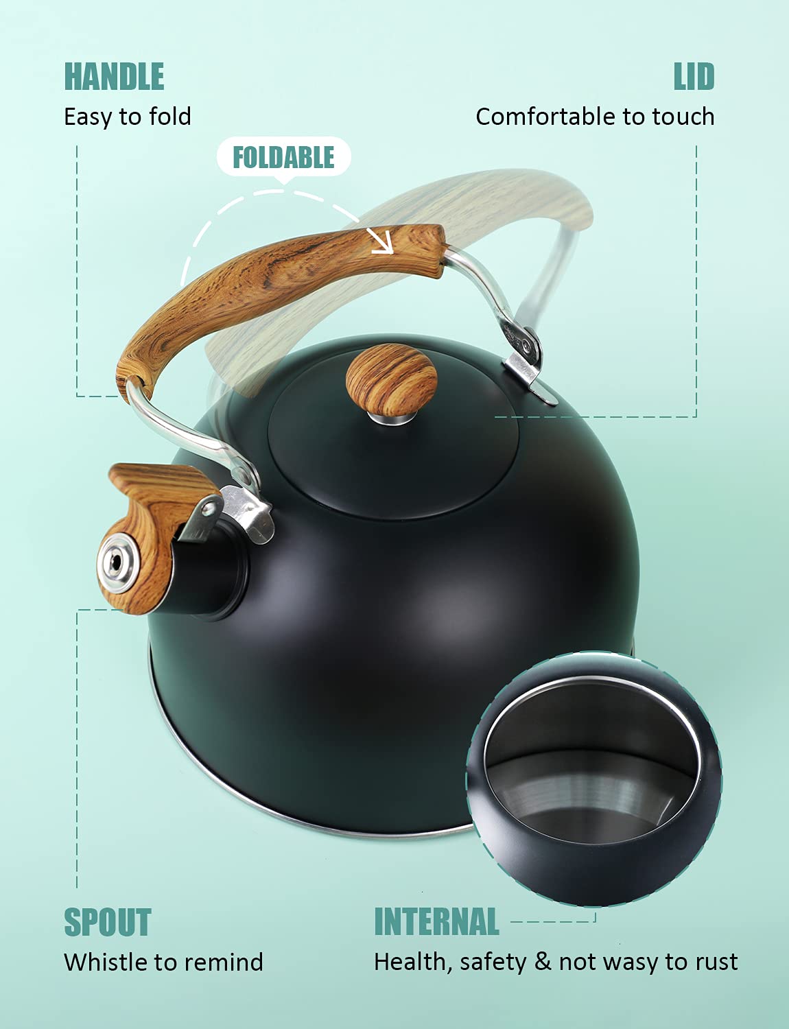 Tea Kettle, BELANKO 85 OZ / 2.5 Liter Whistling Tea Kettle, Tea Pots for Stove Top Food Grade Stainless Steel with Wood Pattern Folding Handle, Loud Whistle Kettle for Tea, Coffee, Milk - Black