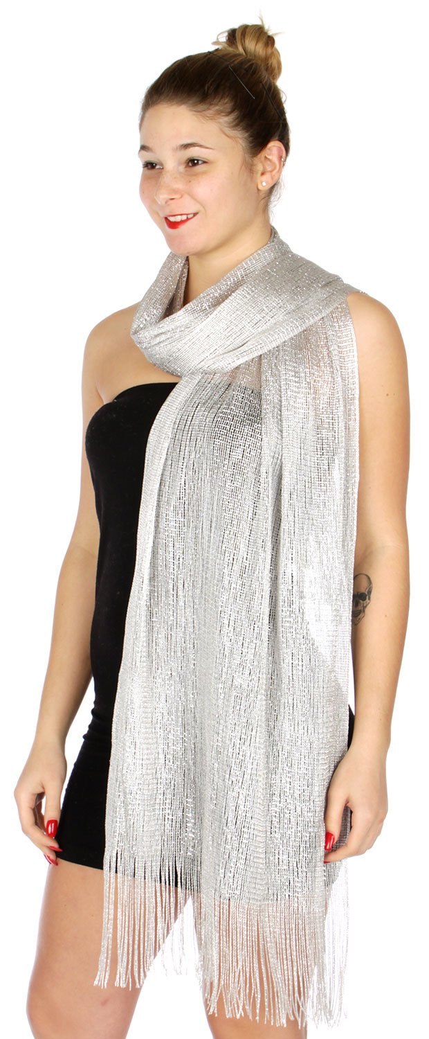 SERENITA Evening Shawl Wrap for Dress. Large Metallic Wedding Bridal Party Fishnet Soft Scarf (Silver)