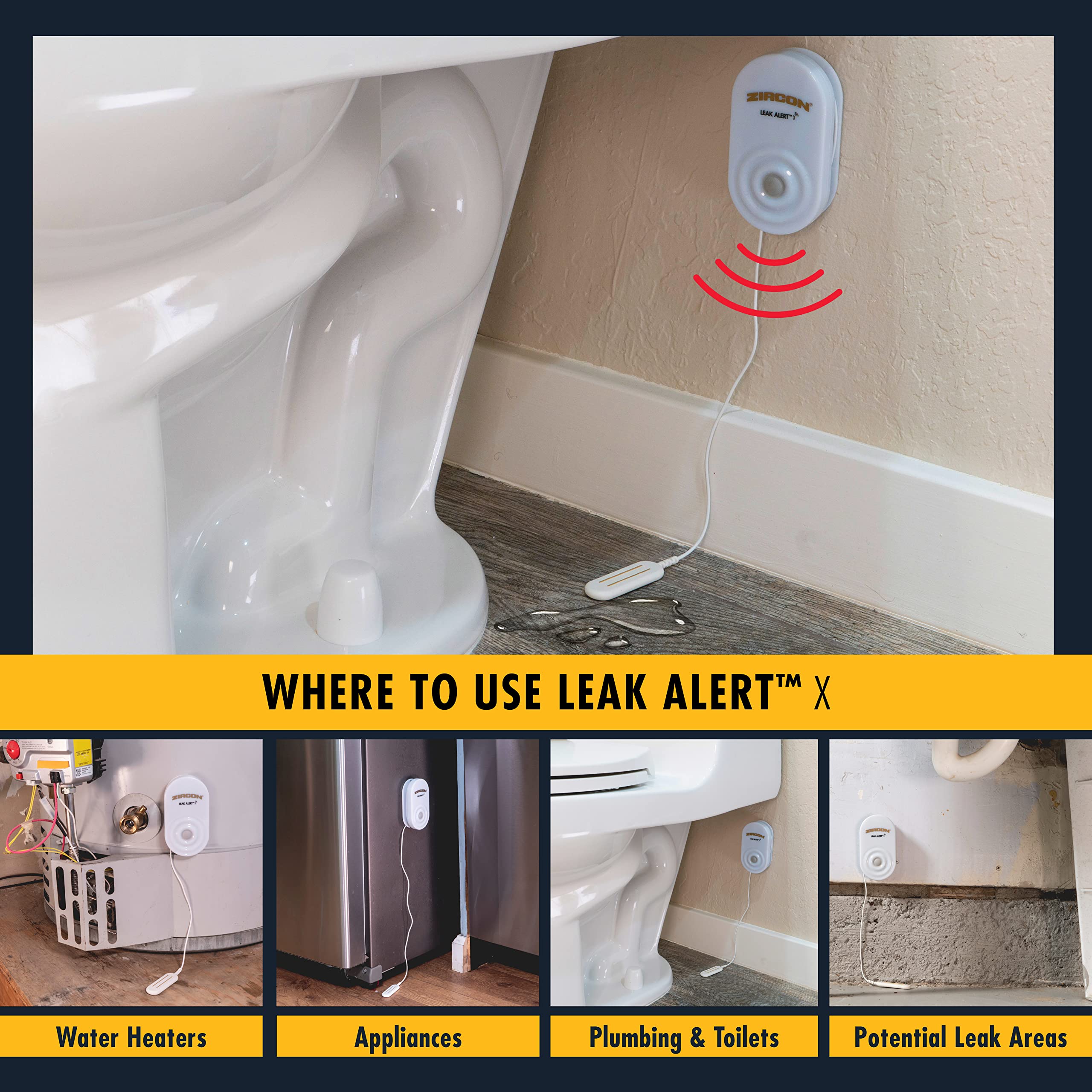 Zircon Leak Alert x – Smart Electronic Water Detector with 9.8' Cable – Email, Audio, & Visual alerts, Battery Included (70745)